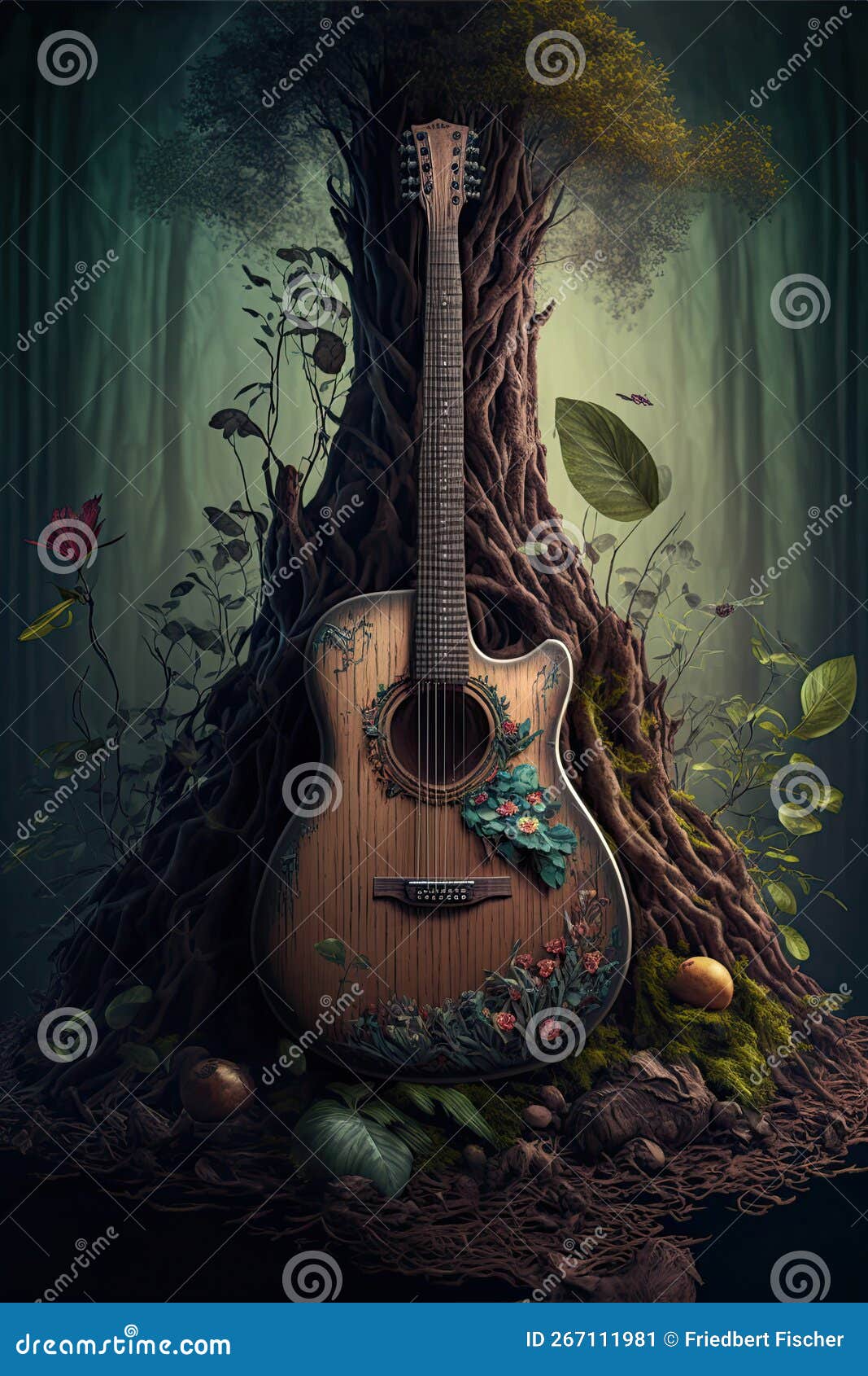 Acoustic Guitar Inside the Tree , Growing into Magic Forest. AI ...