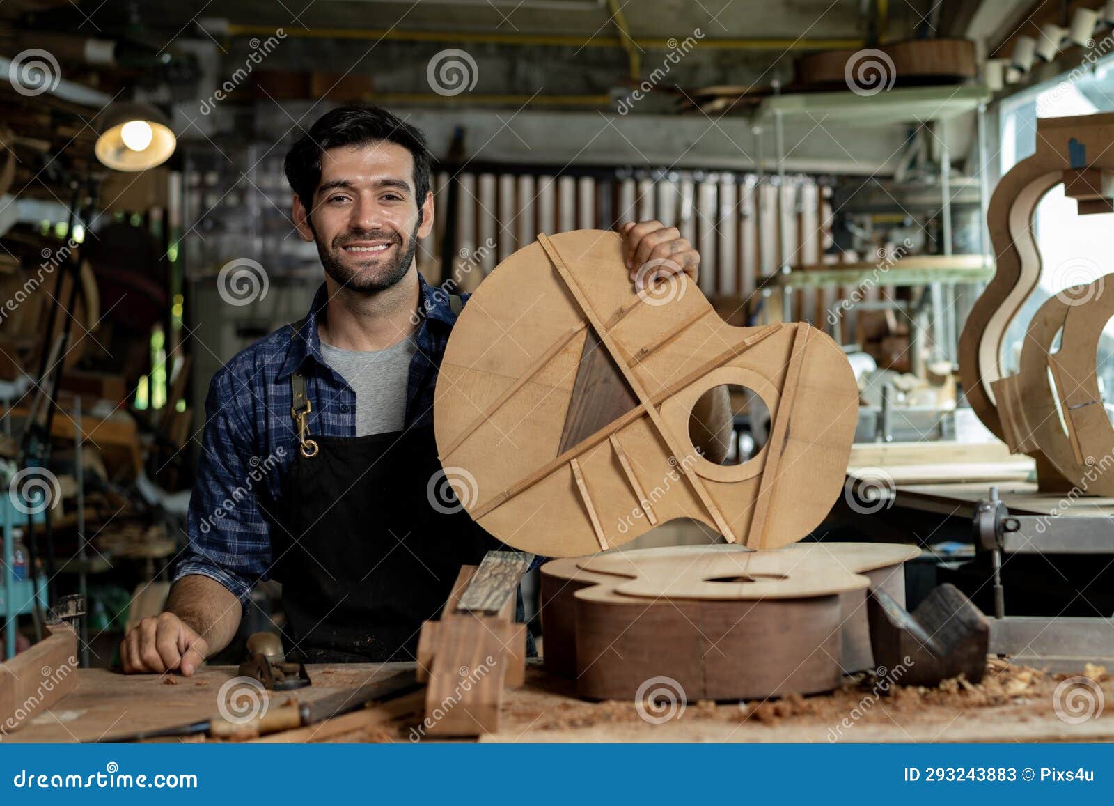 Acoustic Guitar Luthier Smiling in Workshop Portrait Stock Image ...
