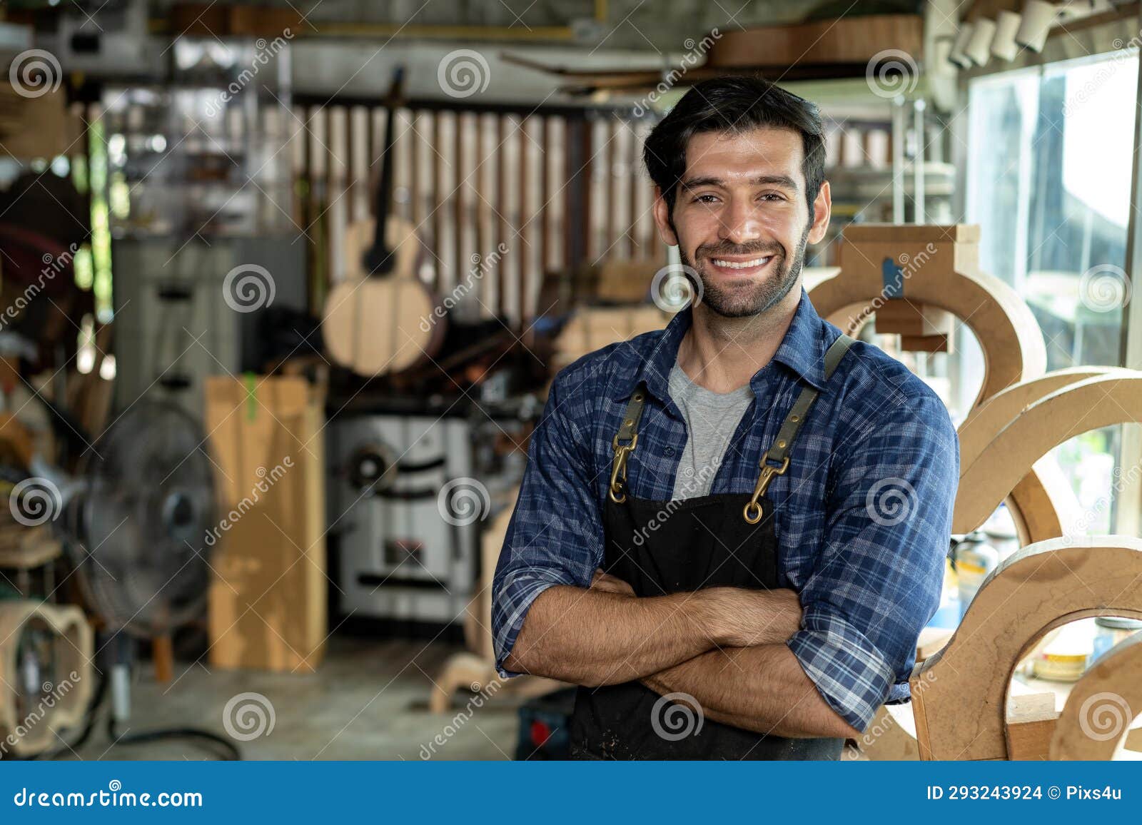 Acoustic Guitar Luthier Smiling in Workshop Portrait Stock Photo ...