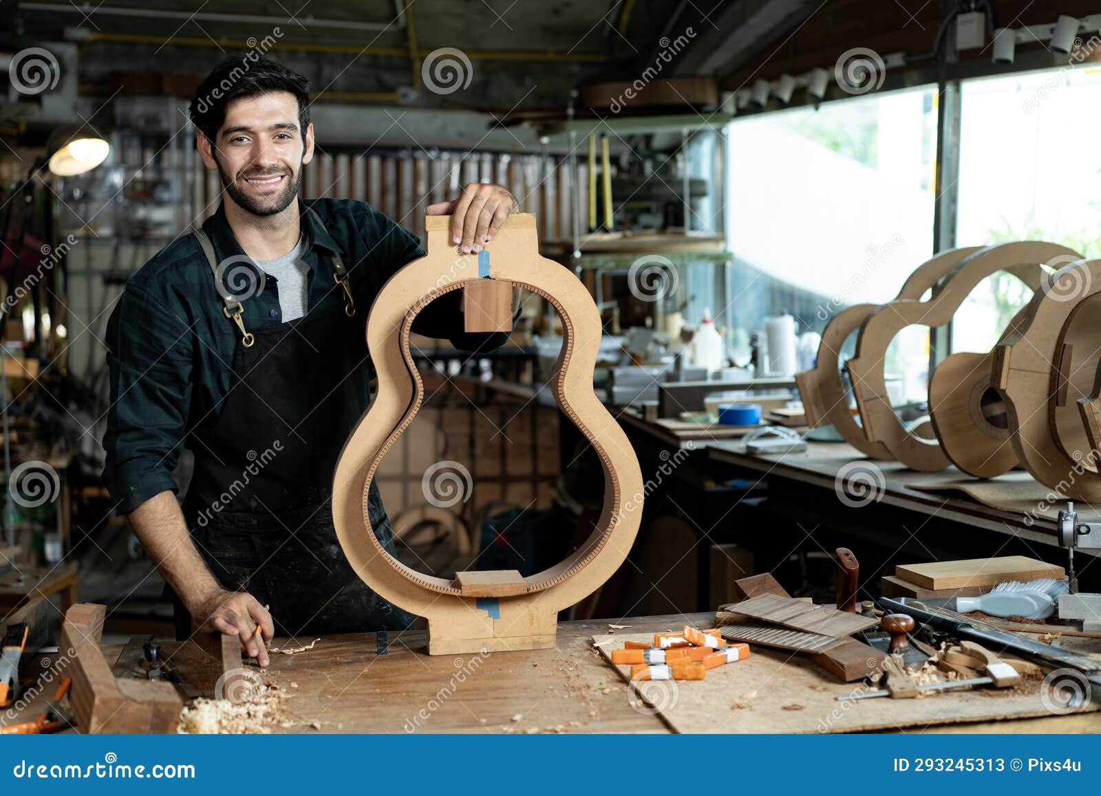 Acoustic Guitar Luthier Smiling in Workshop Portrait Stock Image ...