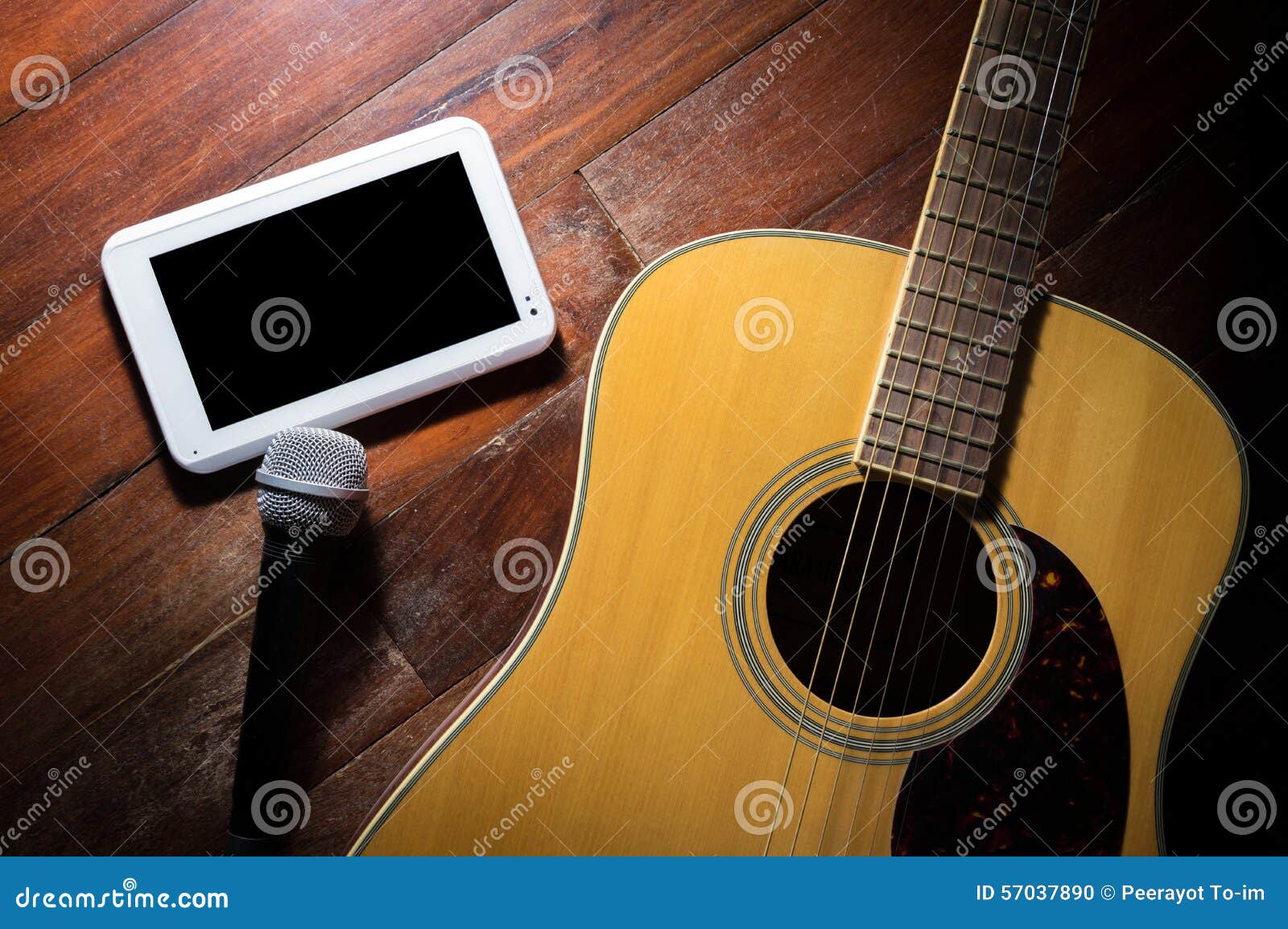 Acoustic Guitar with Microphone and Computer Tablet. Stock Photo ...