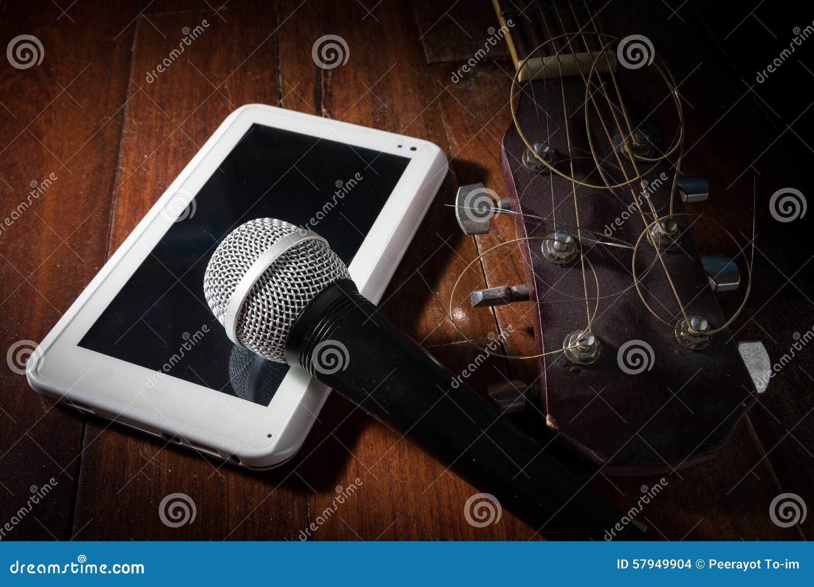 Acoustic Guitar with Microphone and Computer Tablet. Stock Photo ...