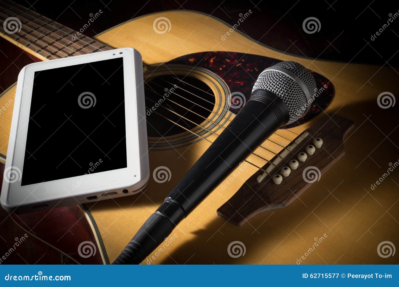 Acoustic Guitar with Microphone and Computer Tablet. Stock Image ...