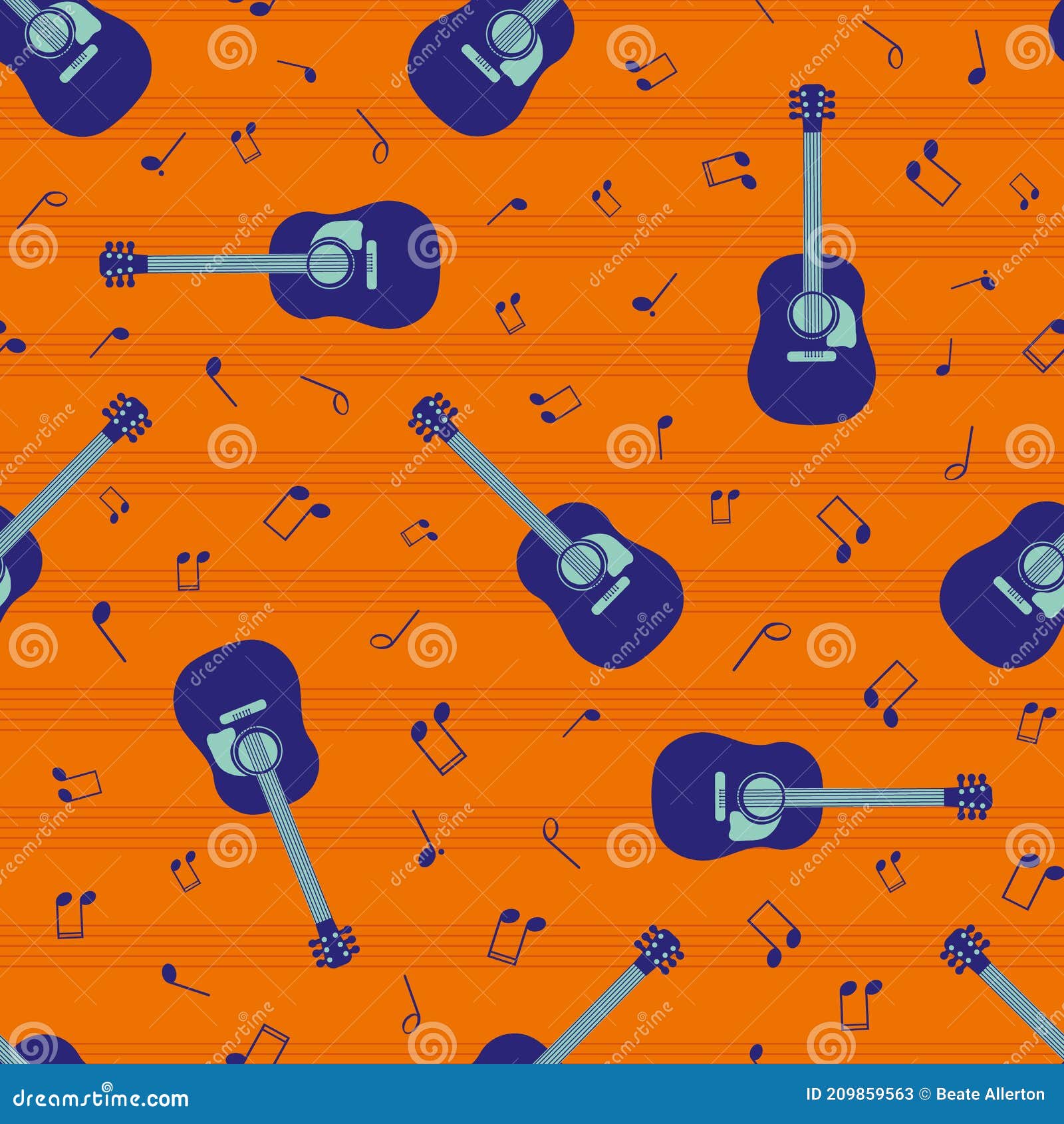 Acoustic Guitar And Music Notes Vector Seamless Pattern Background ...