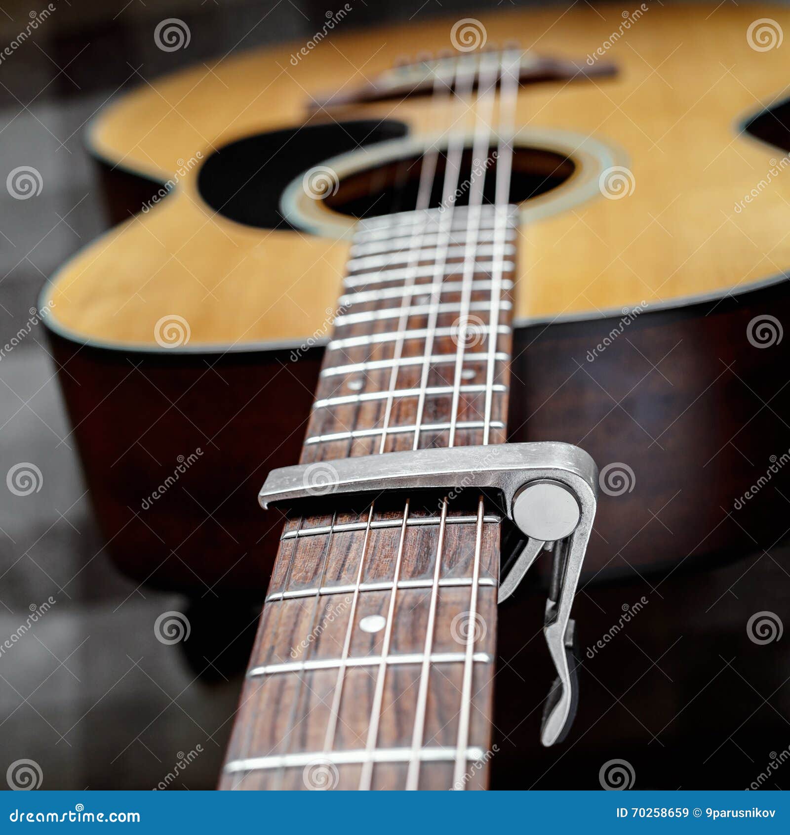 Acoustic Guitar Neck with a Capo Stock Image - Image of learn ...