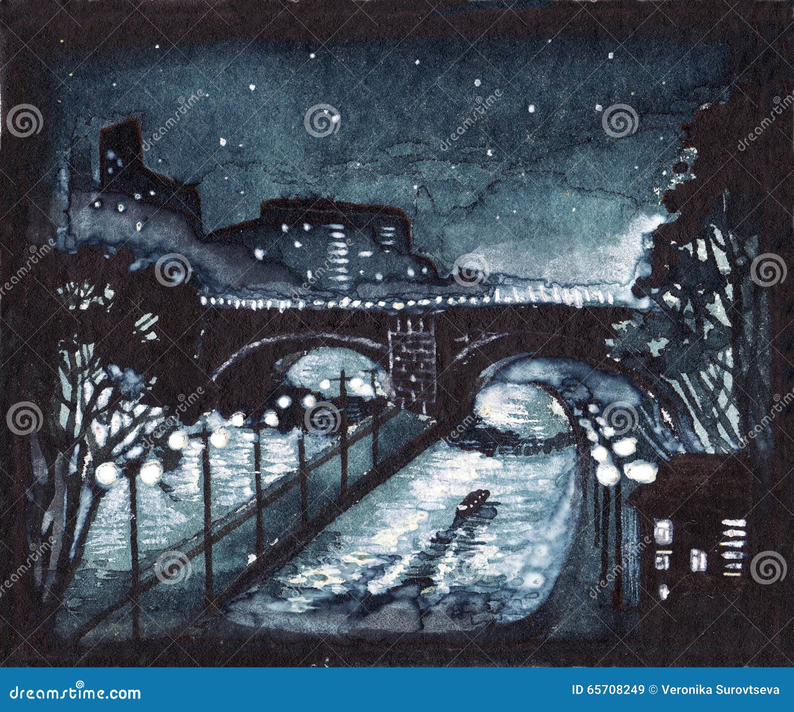 Acquerello Di Paesaggio Urbano Di Notte Illustrazione di Stock ...