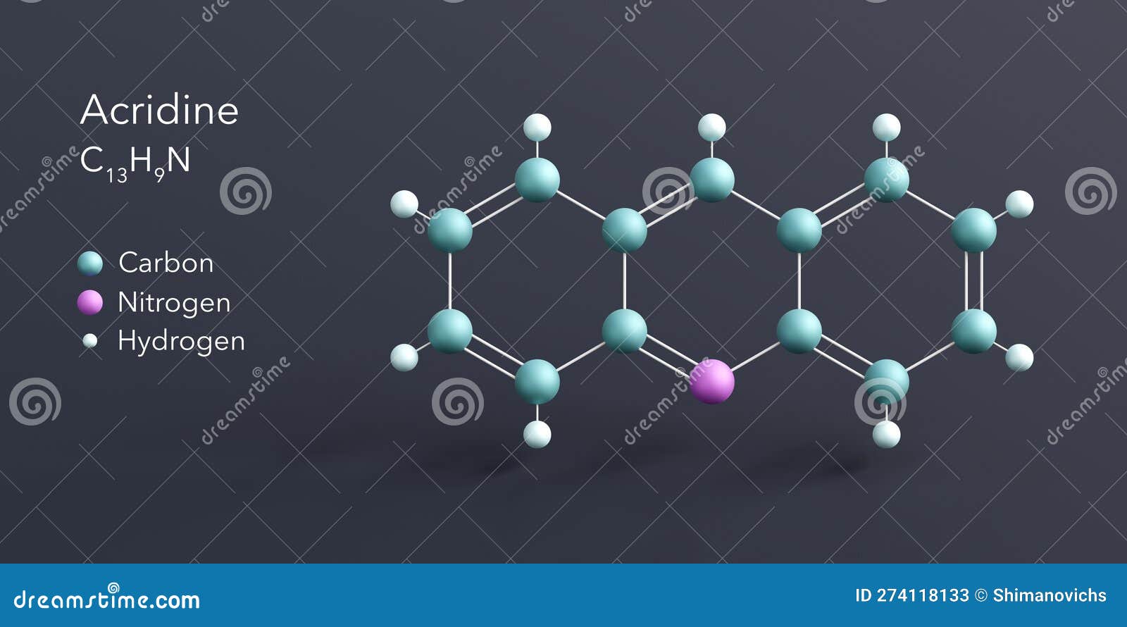 Acridine Molecular Structure, 3d Model Molecule, Nitrogen Heterocycle ...