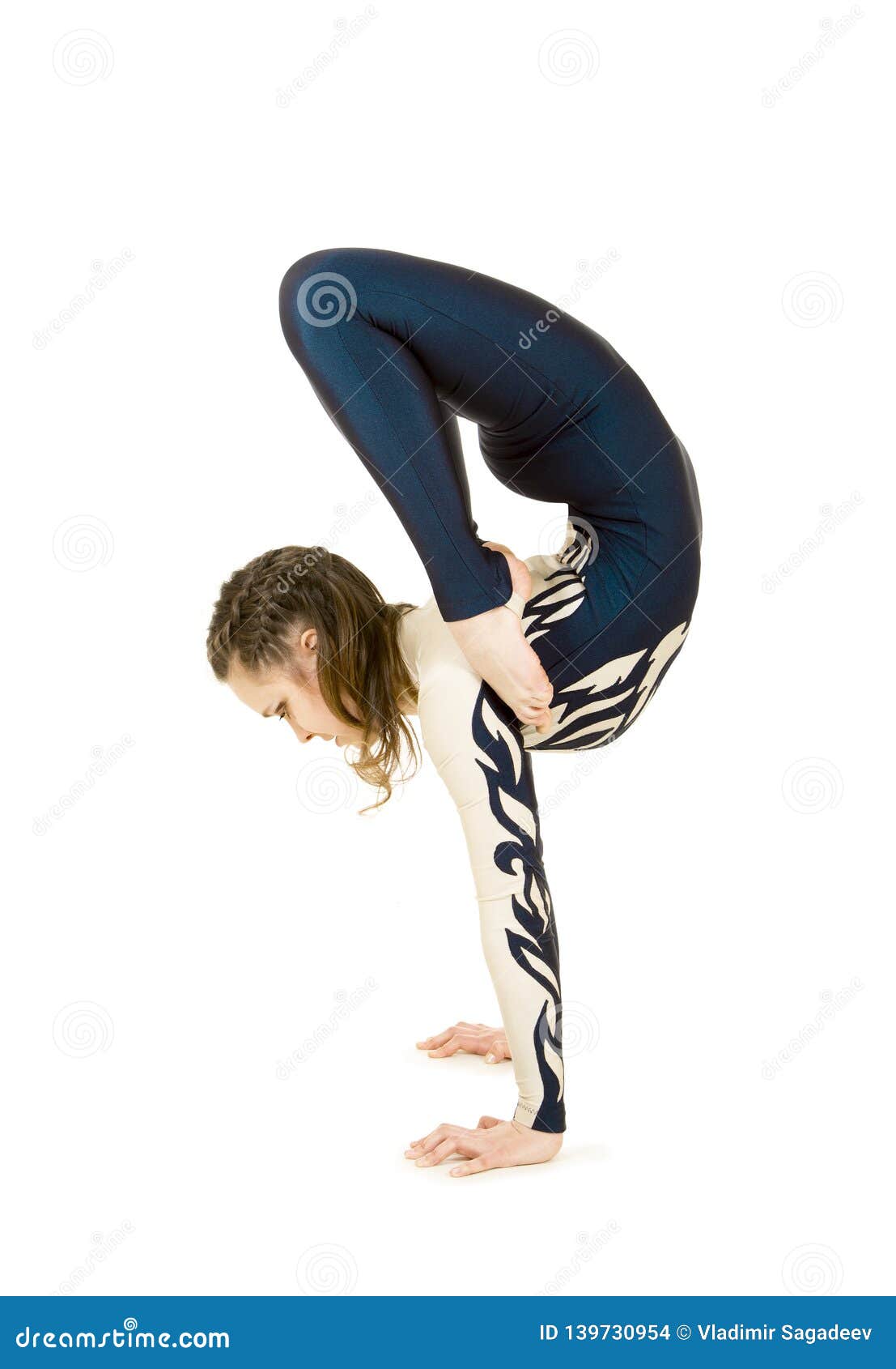 Acrobat Doing Gymnastics, a Young Athlete in a White and Blue Suit ...