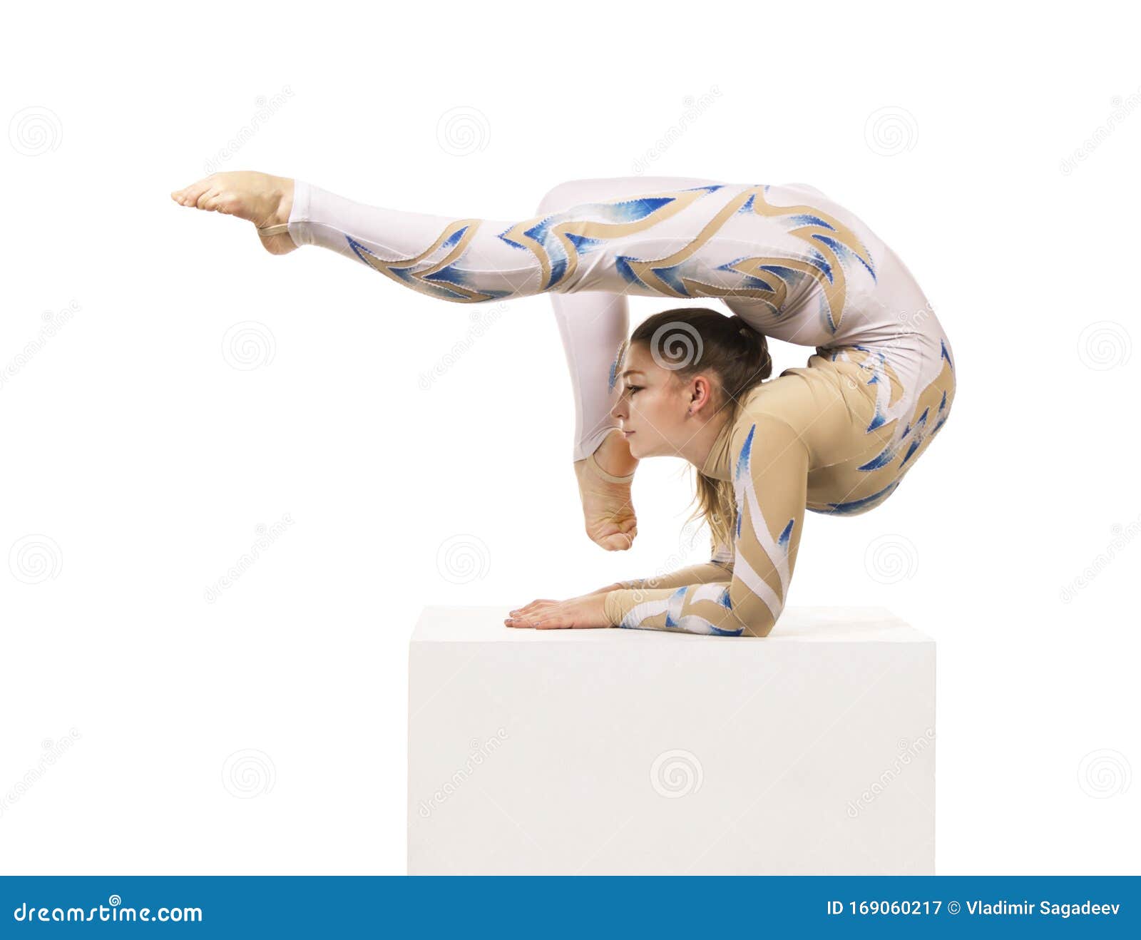 Acrobat Doing Gymnastics, a Young Circus Artist in a White and Blue ...