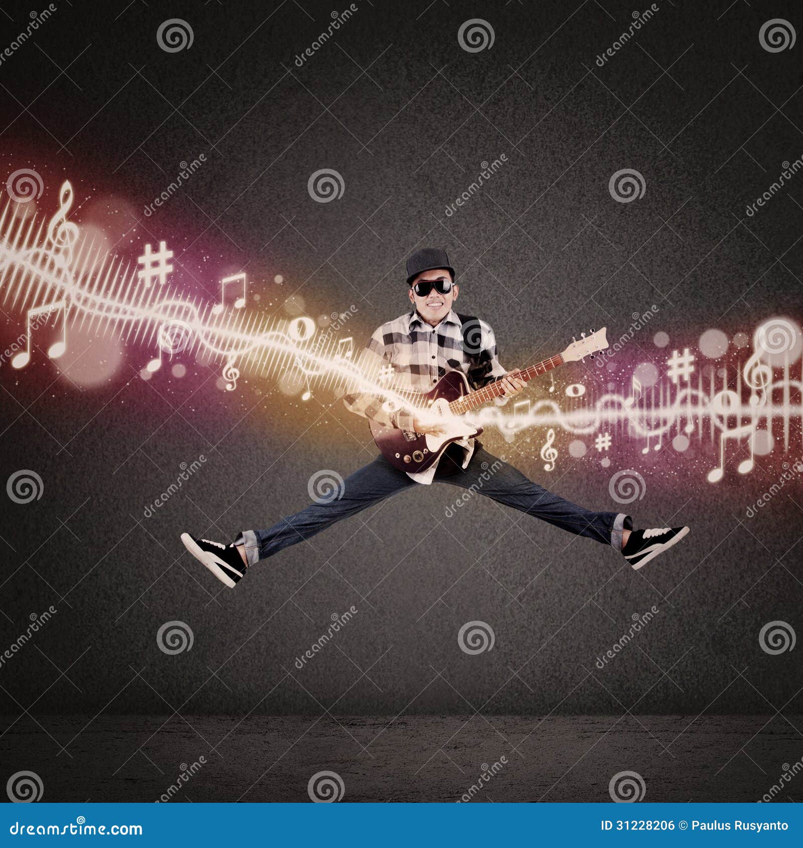 Acrobatic Guitarist Jumping with Musical Notes Stock Illustration ...