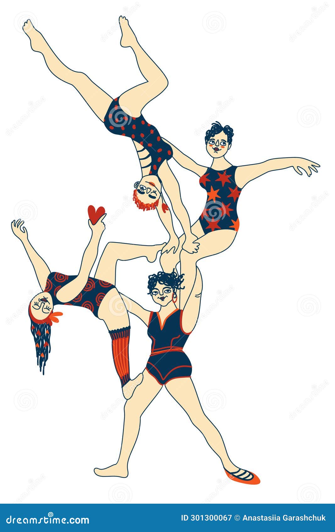 Acrobatic Team. Four Women Making Acrobatic Pyramid. Vector Isolated ...