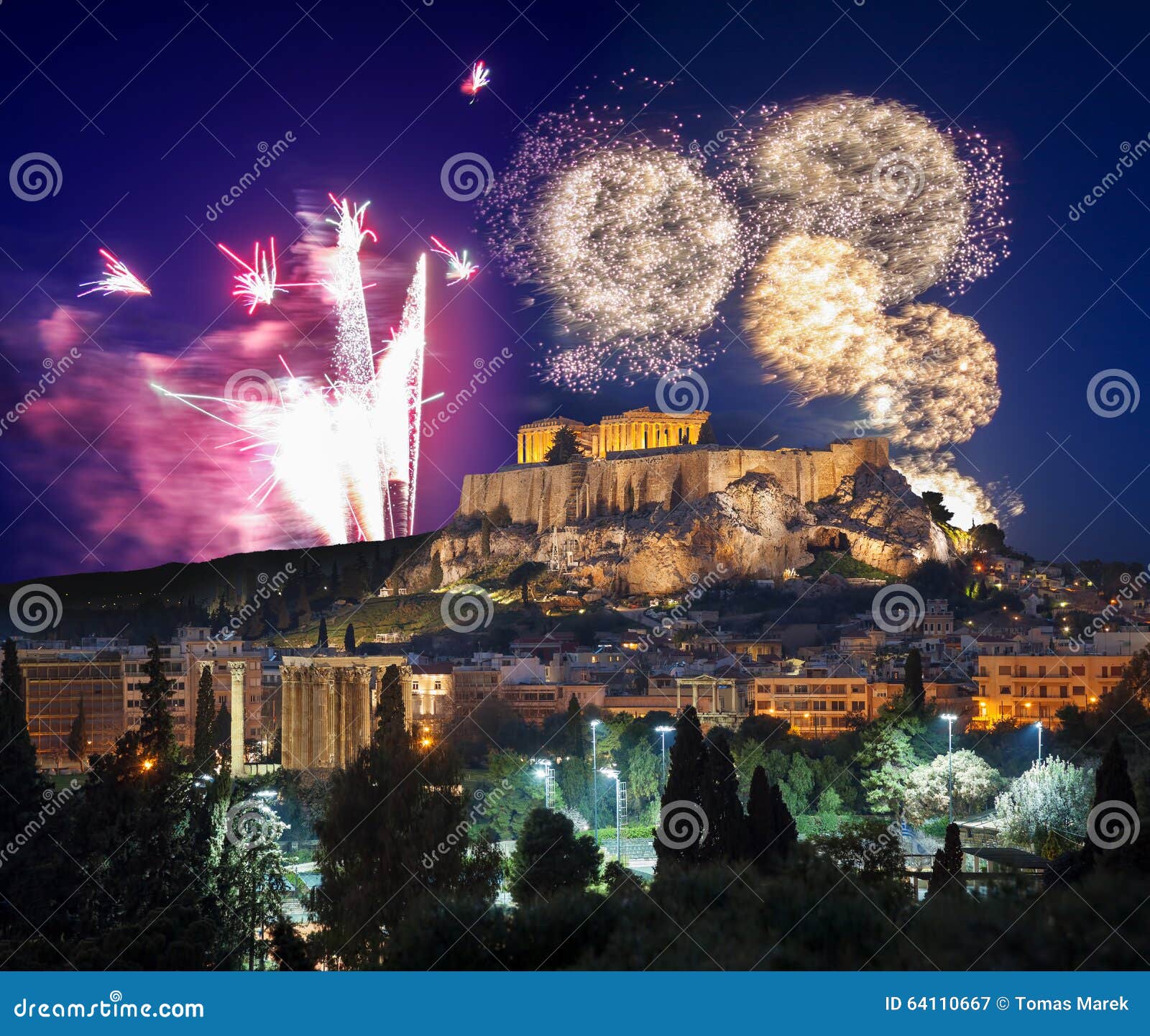 Acropolis with Firework, Celebration of the New Year in Athens, Greece ...