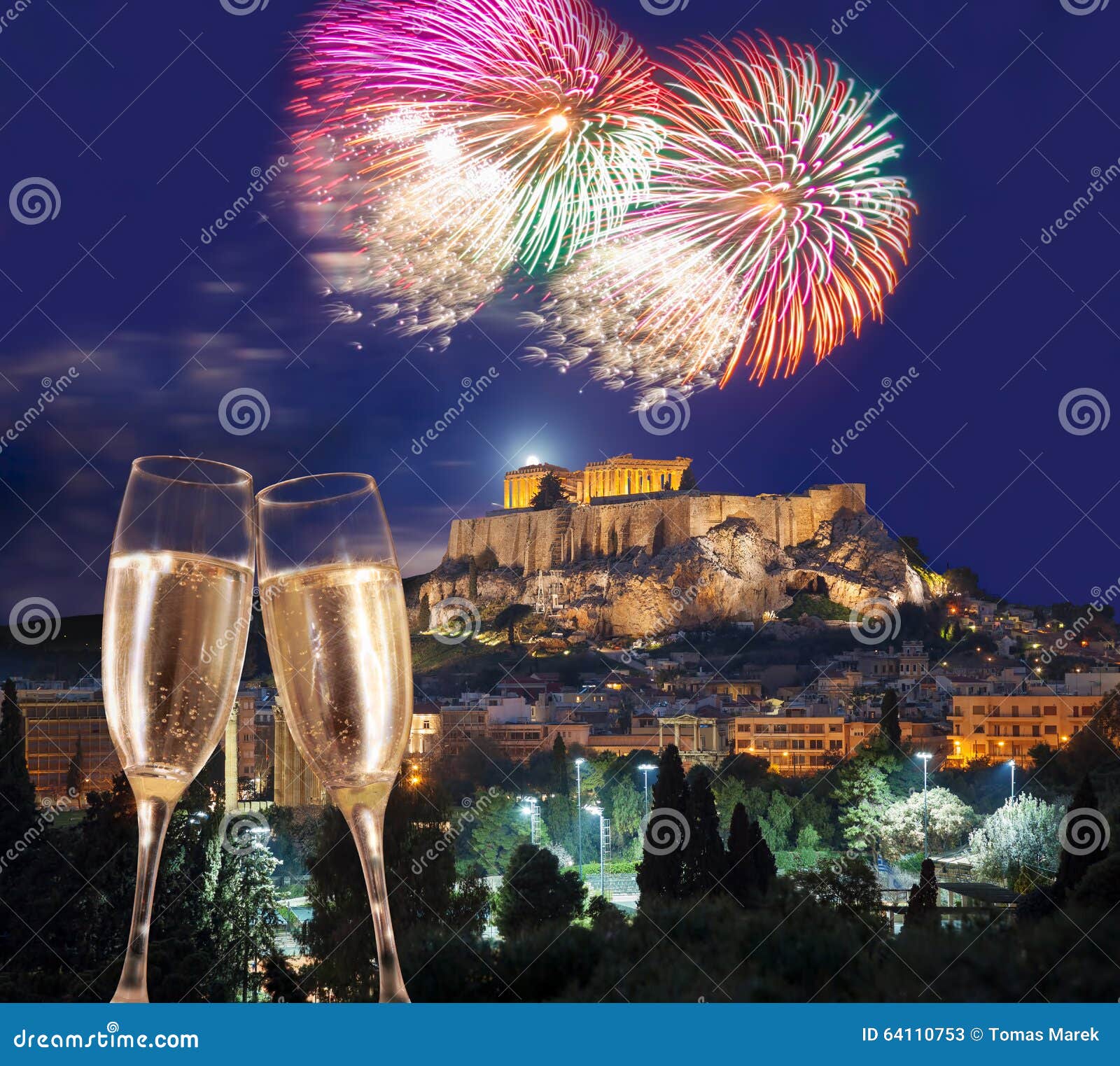Acropolis with Firework, Celebration of the New Year in Athens, Greece ...