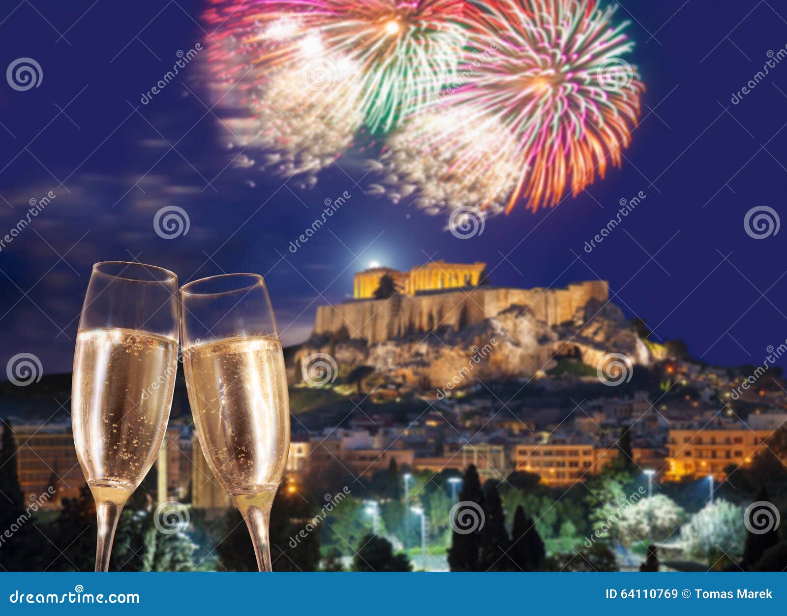 Acropolis with Firework, Celebration of the New Year in Athens, Greece ...