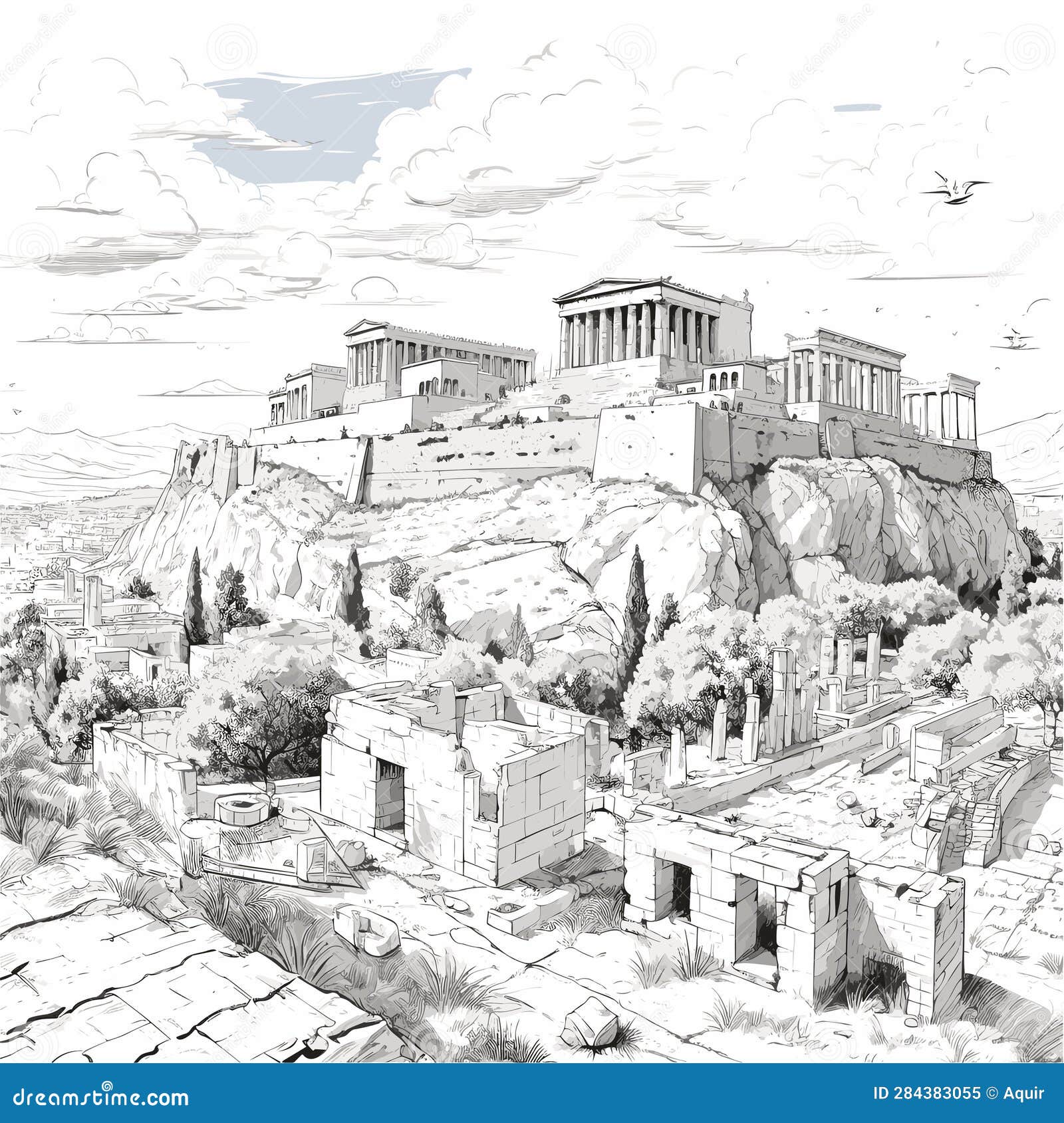 Acropolis Hand-drawn Comic Illustration. Acropolis. Vector Doodle Style ...