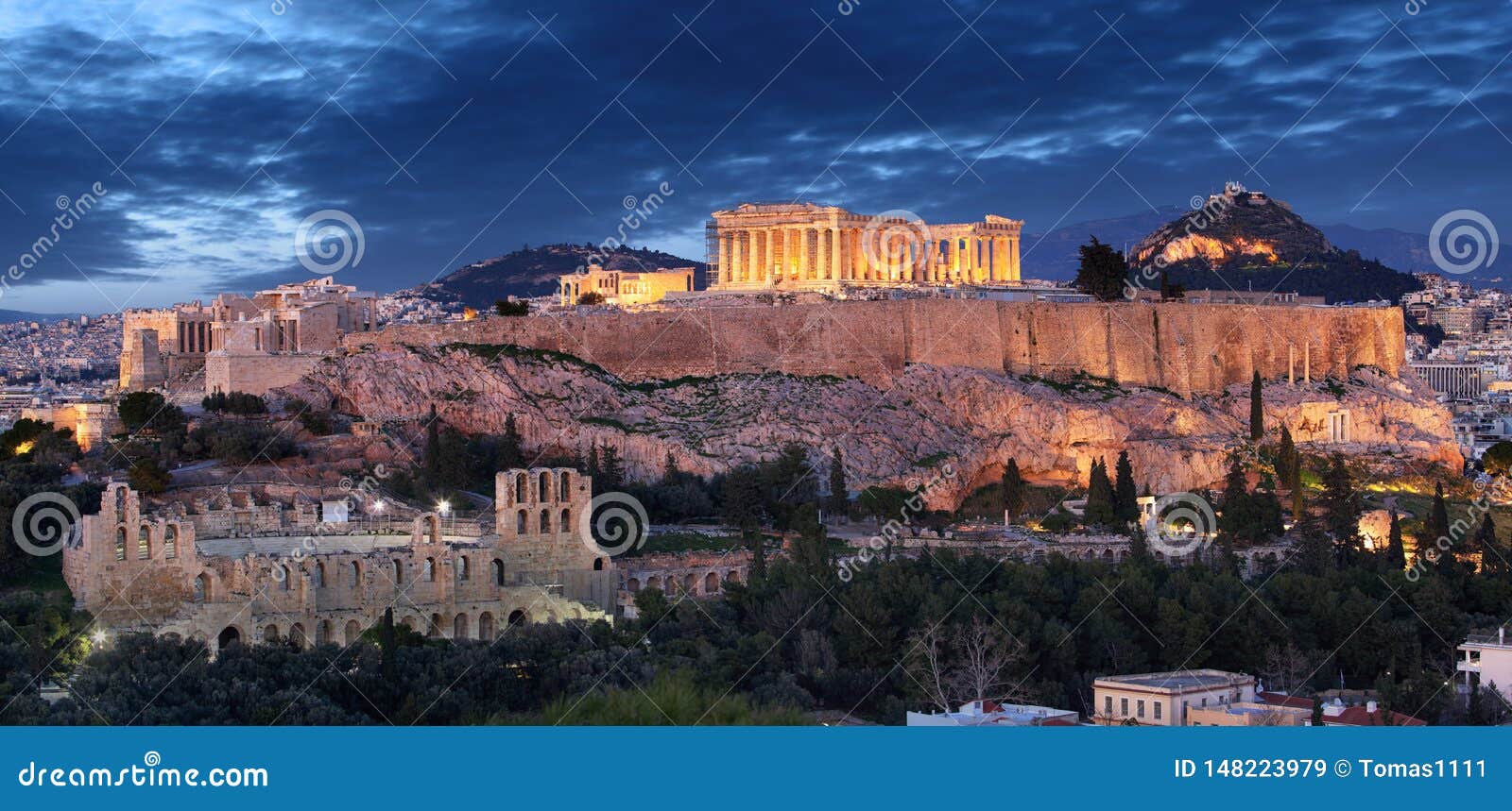 Acropolis Hill - Parthenon Temple in Athens at Night, Greece Stock ...