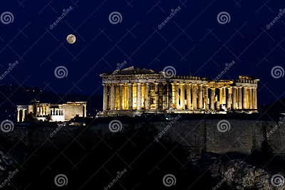 Acropolis (parthenon) by Night, Under Full Moon, Stock Image - Image of ...