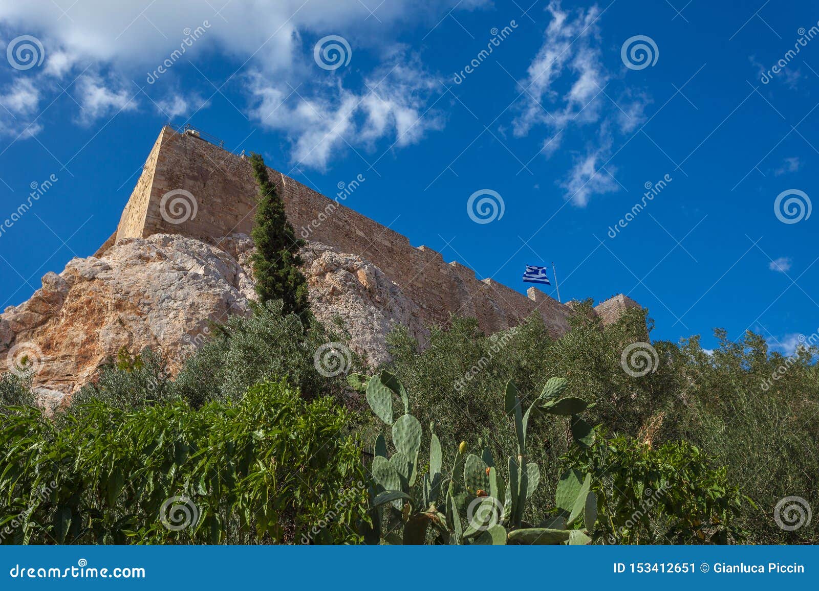 Acropolis Walls of Athens with Foreground Trees and Prickly Pears Stock ...