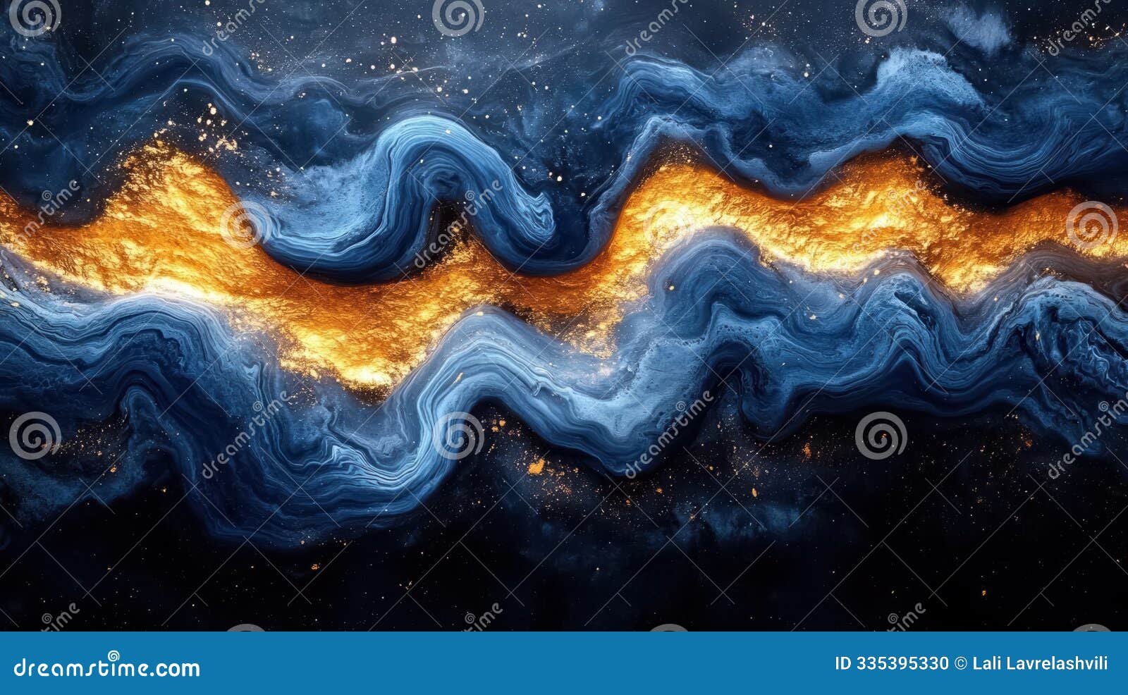 Acrylic Fluid Art. Blue Waves and Gold Inclusion Stock Illustration ...