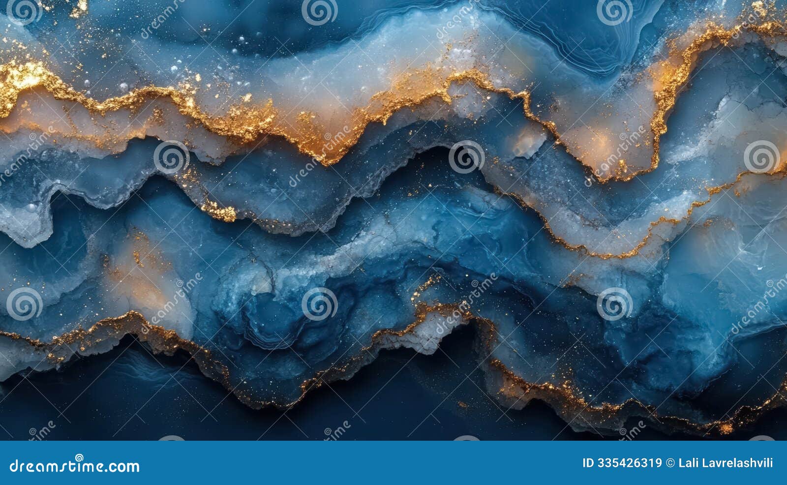 Acrylic Fluid Art. Blue Waves and Gold Inclusion Stock Illustration ...