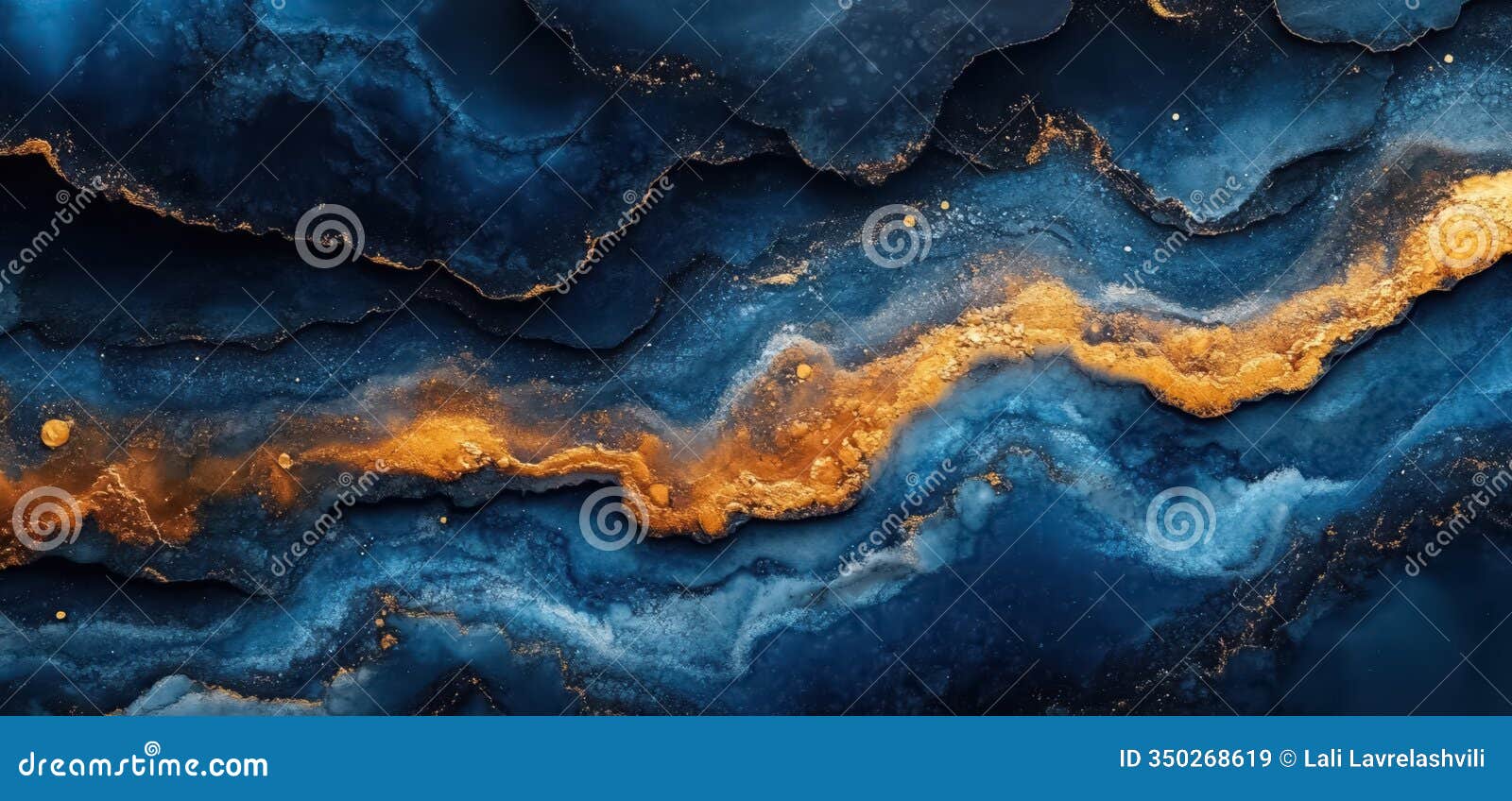 Acrylic Fluid Art. Blue Waves and Gold Inclusion Stock Illustration ...