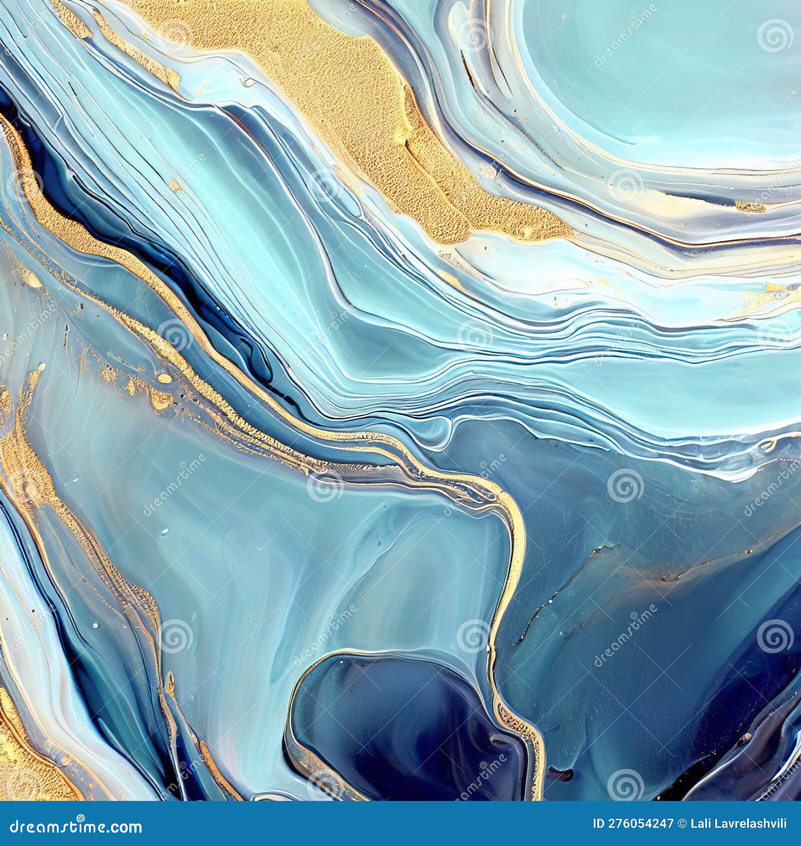 Acrylic Fluid Art. Blue Waves and Gold Inclusion Stock Illustration ...