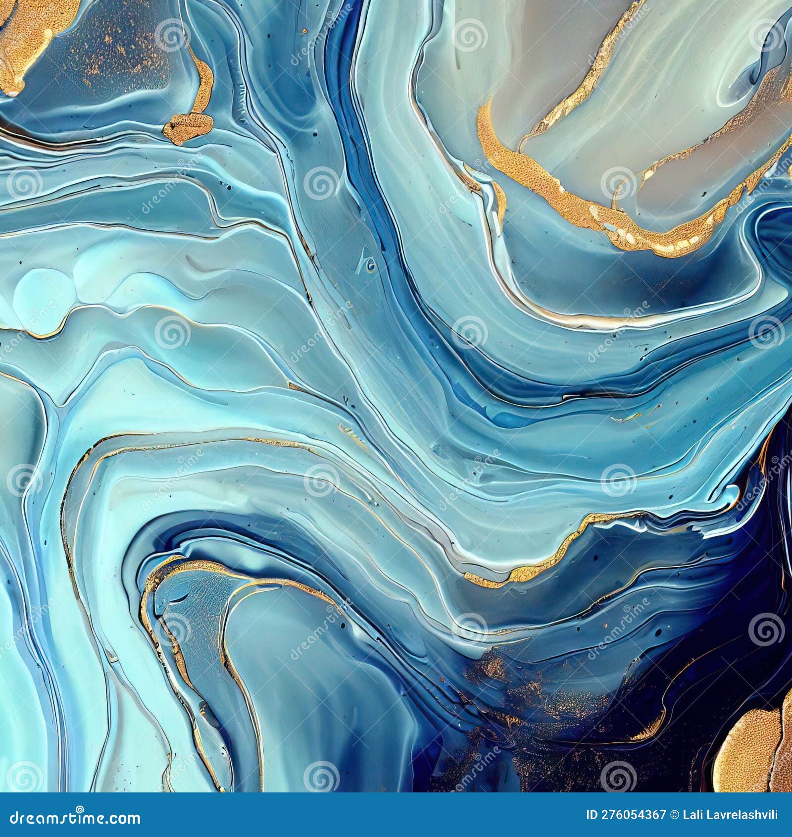 Acrylic Fluid Art. Blue Waves and Gold Inclusion Stock Illustration ...