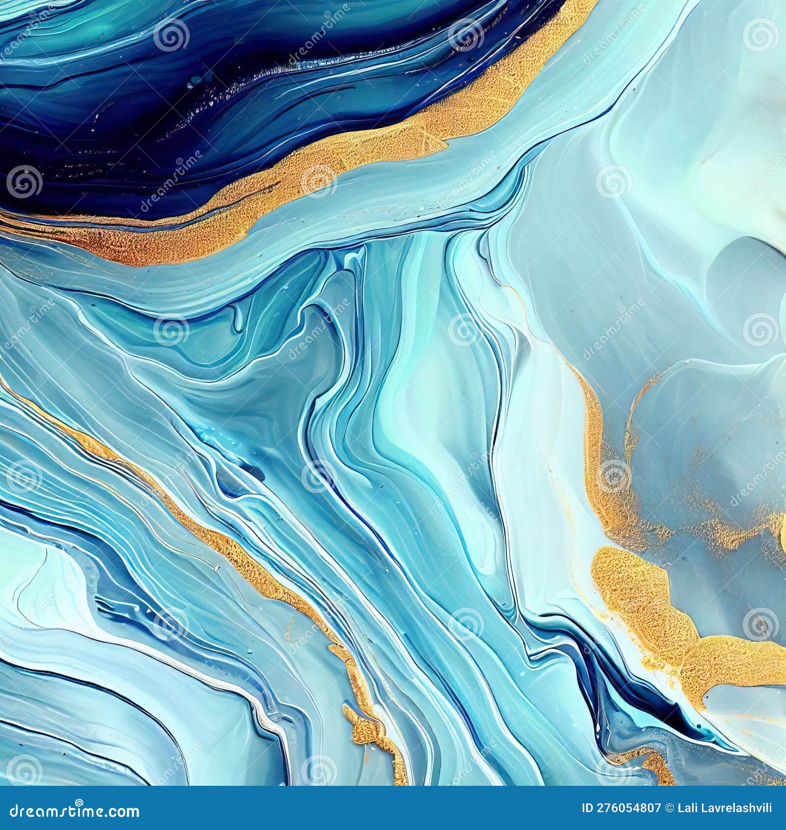 Acrylic Fluid Art. Blue Waves and Gold Inclusion Stock Illustration ...