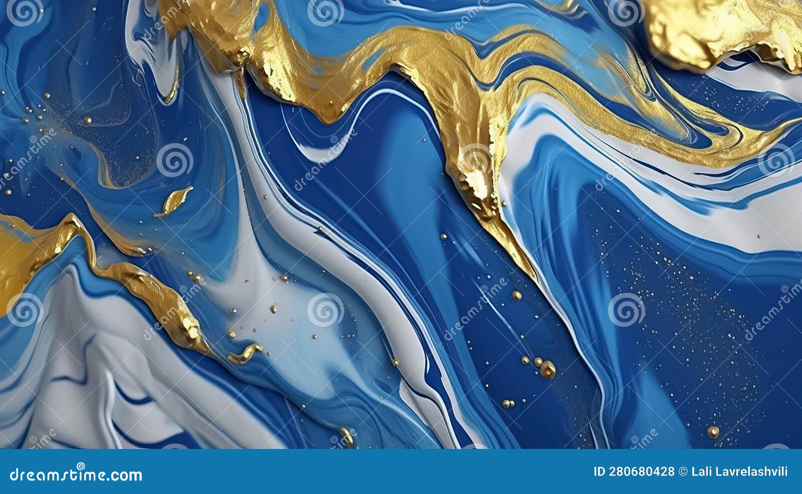 Acrylic Fluid Art. Blue Waves and Gold Inclusion Stock Illustration ...