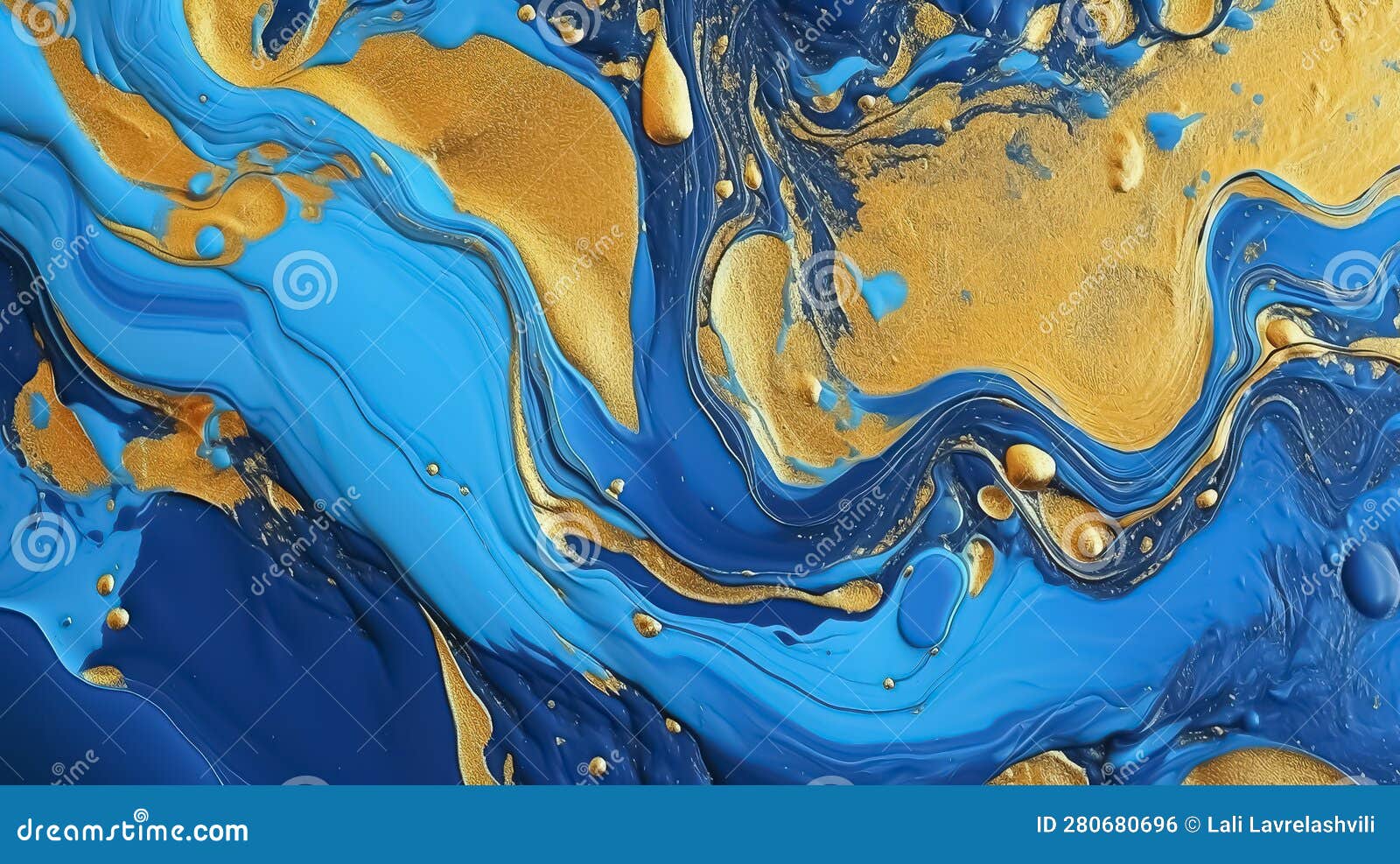 Acrylic Fluid Art. Blue Waves and Gold Inclusion Stock Illustration ...