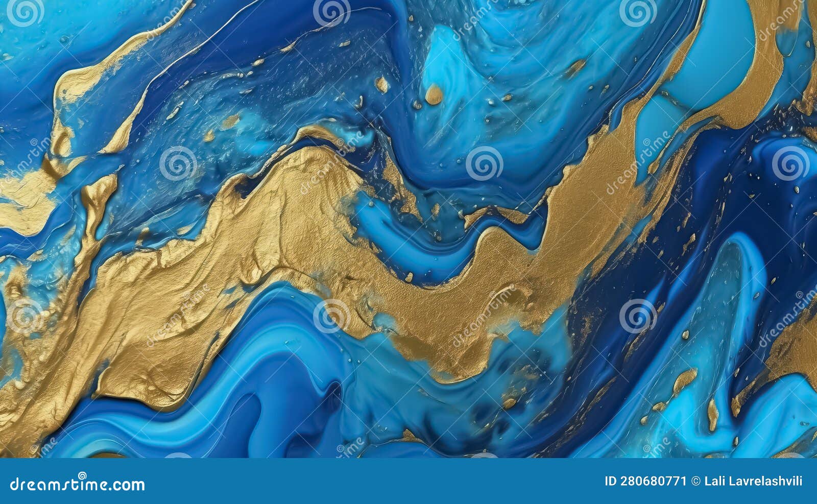 Acrylic Fluid Art. Blue Waves and Gold Inclusion Stock Illustration ...