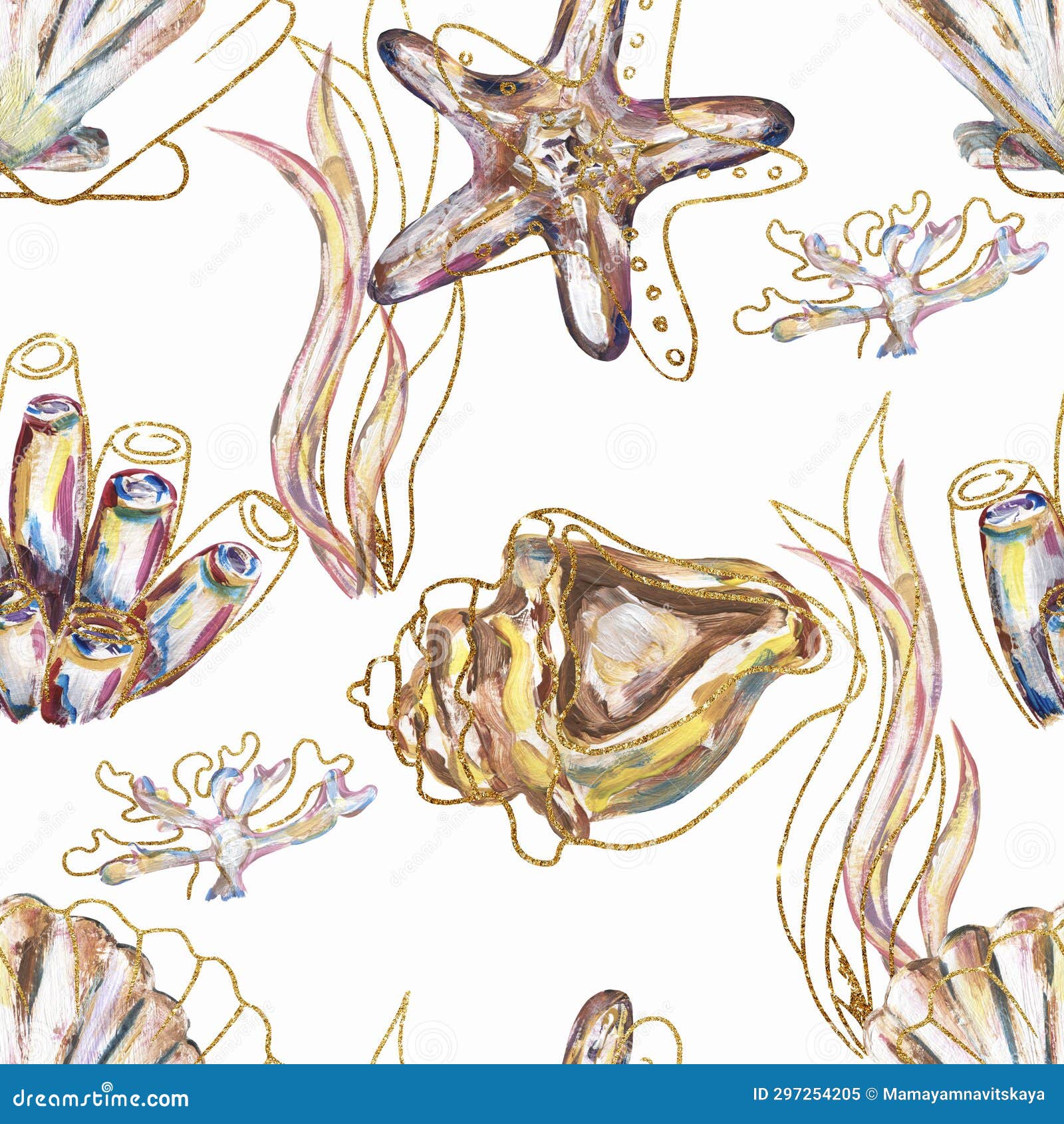 Acrylic Hand Painted Sea Shells, Corals, Sea Weeds Seamless Pattern ... Acrylic Hand Painted Sea Shells, Corals, Sea Weeds Seamless Pattern ...