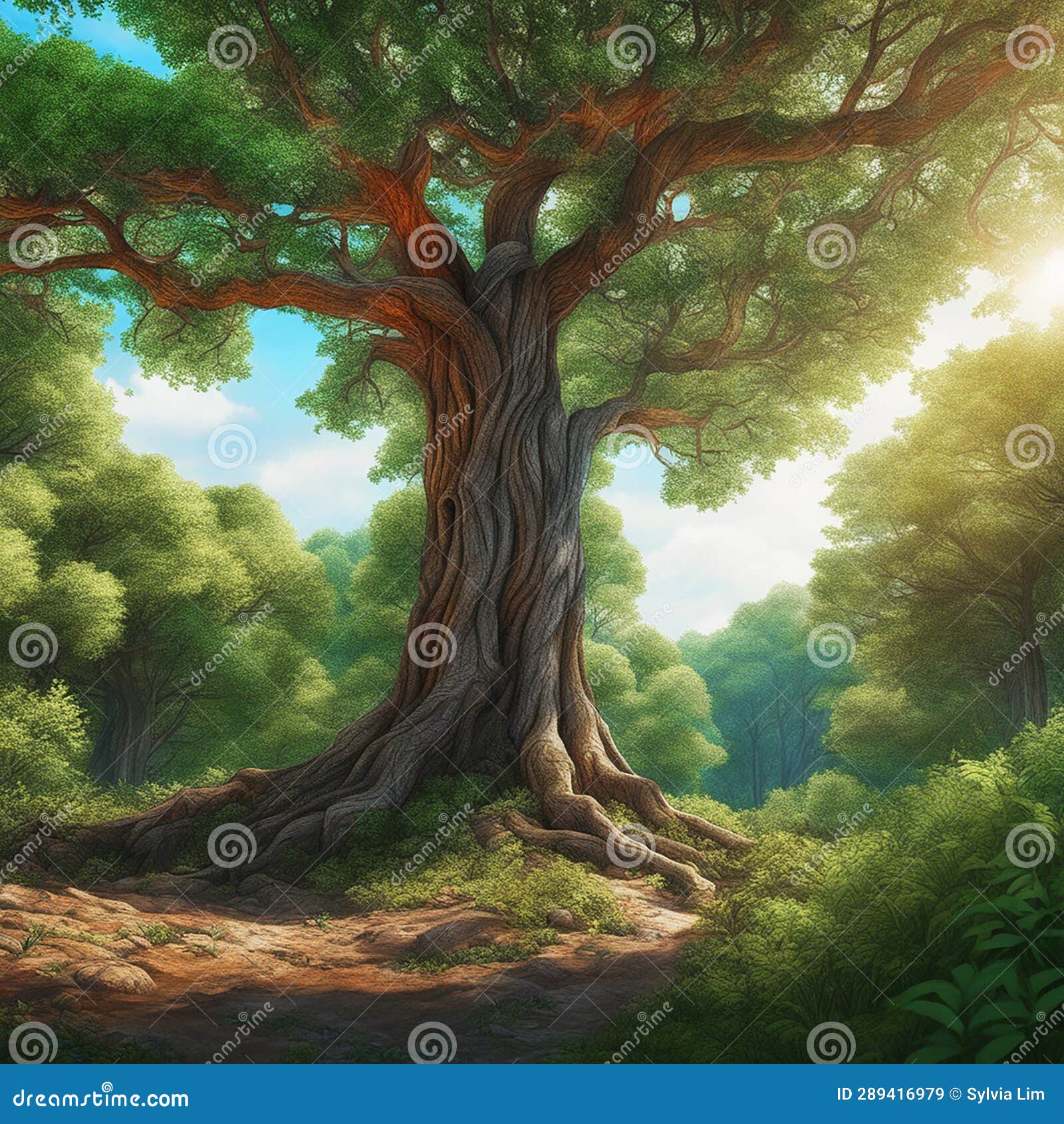 An Acrylic Painting of an Oak Tree in the Forest Stock Image - Image of ...