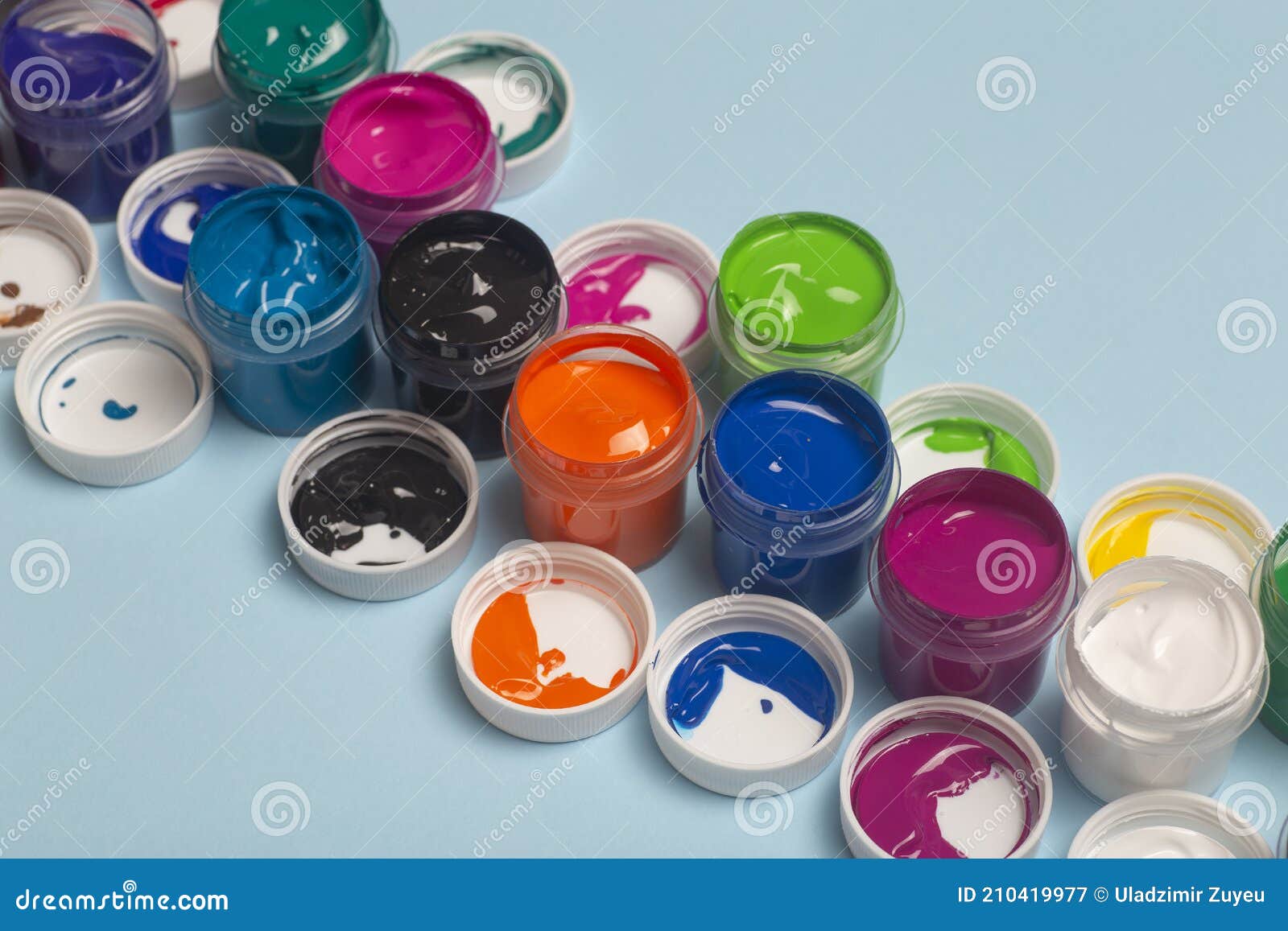 Acrylic Paints of Various Colors for Drawing are Open on the Table ...