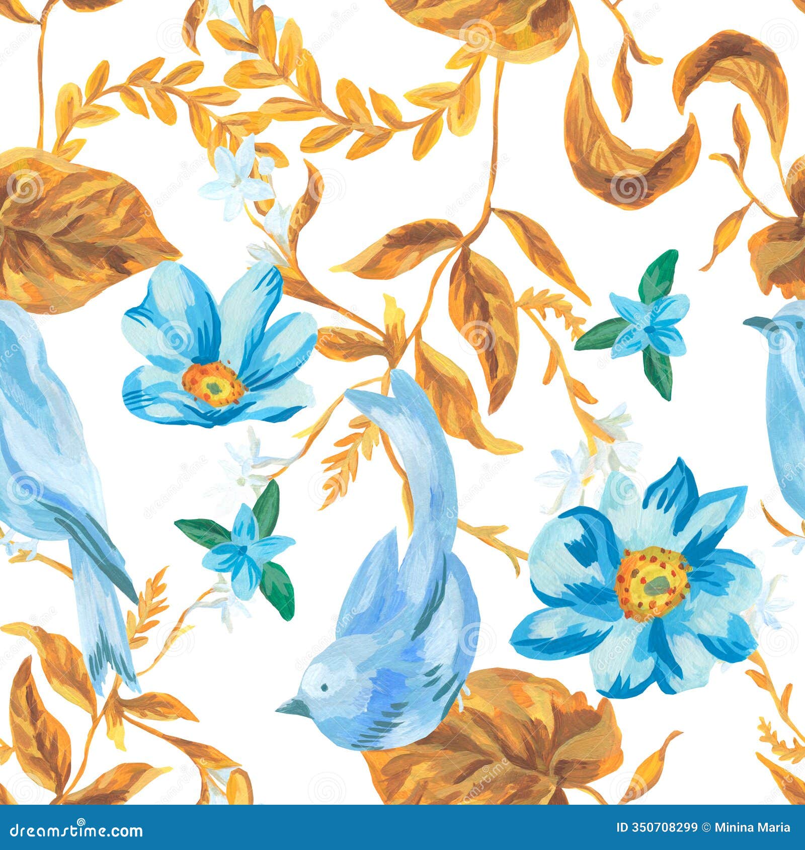 Acrylic Seamless Pattern with Blue Birds and Flowers on White Isolated ...