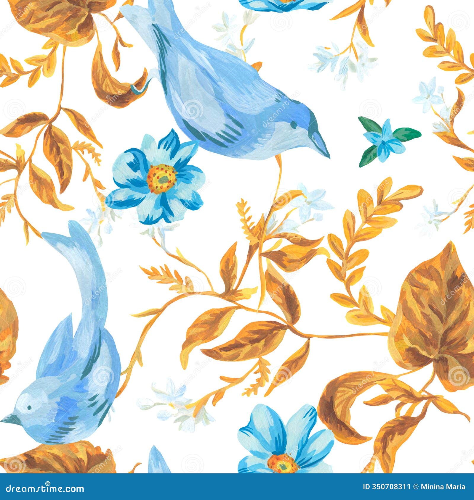 Acrylic Seamless Pattern with Blue Birds and Flowers on White Isolated ...