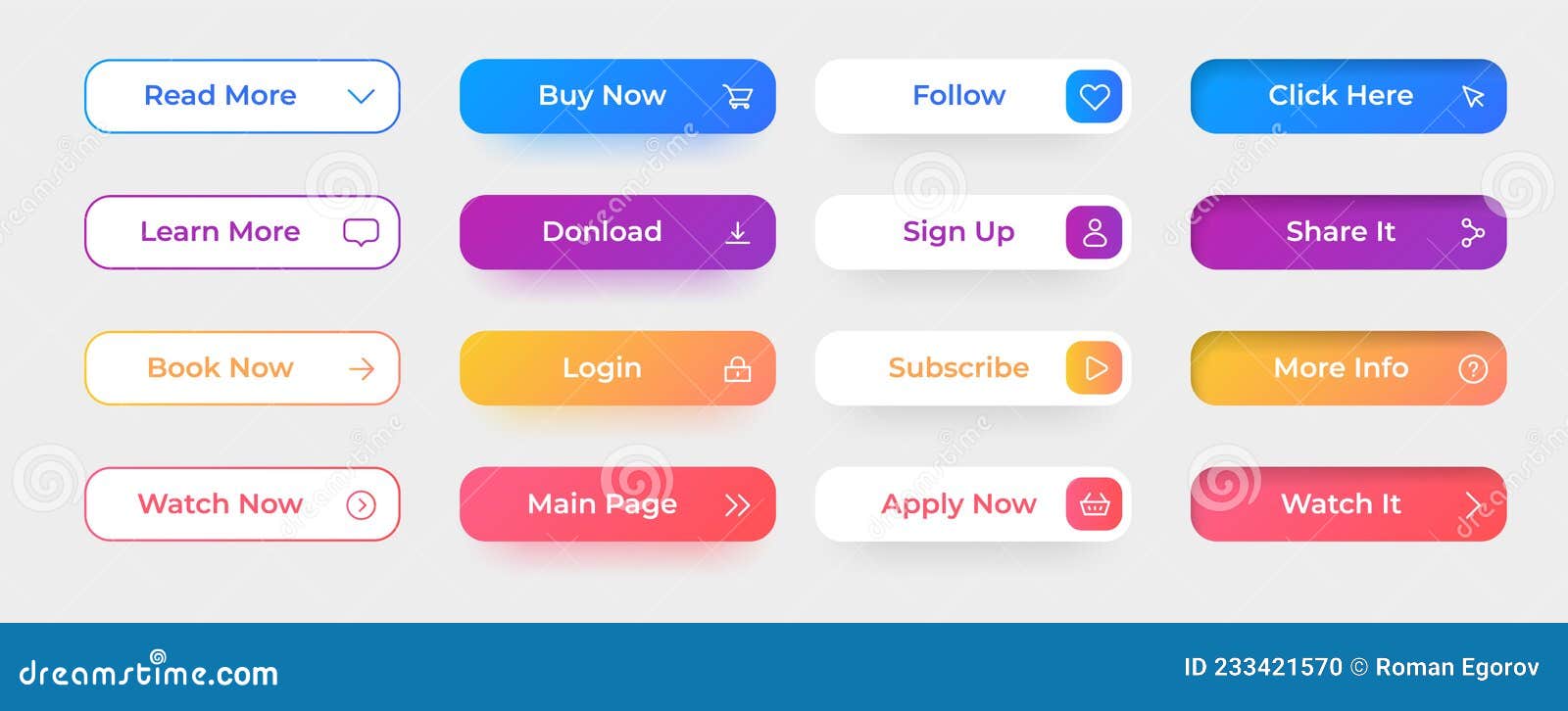 UI Button. Website Rectangular Modern Action Interface Elements. App Click Download And ...