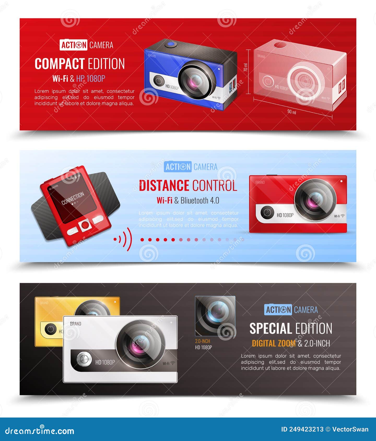 Action Camera Banners Set stock vector. Illustration of element - 249423213