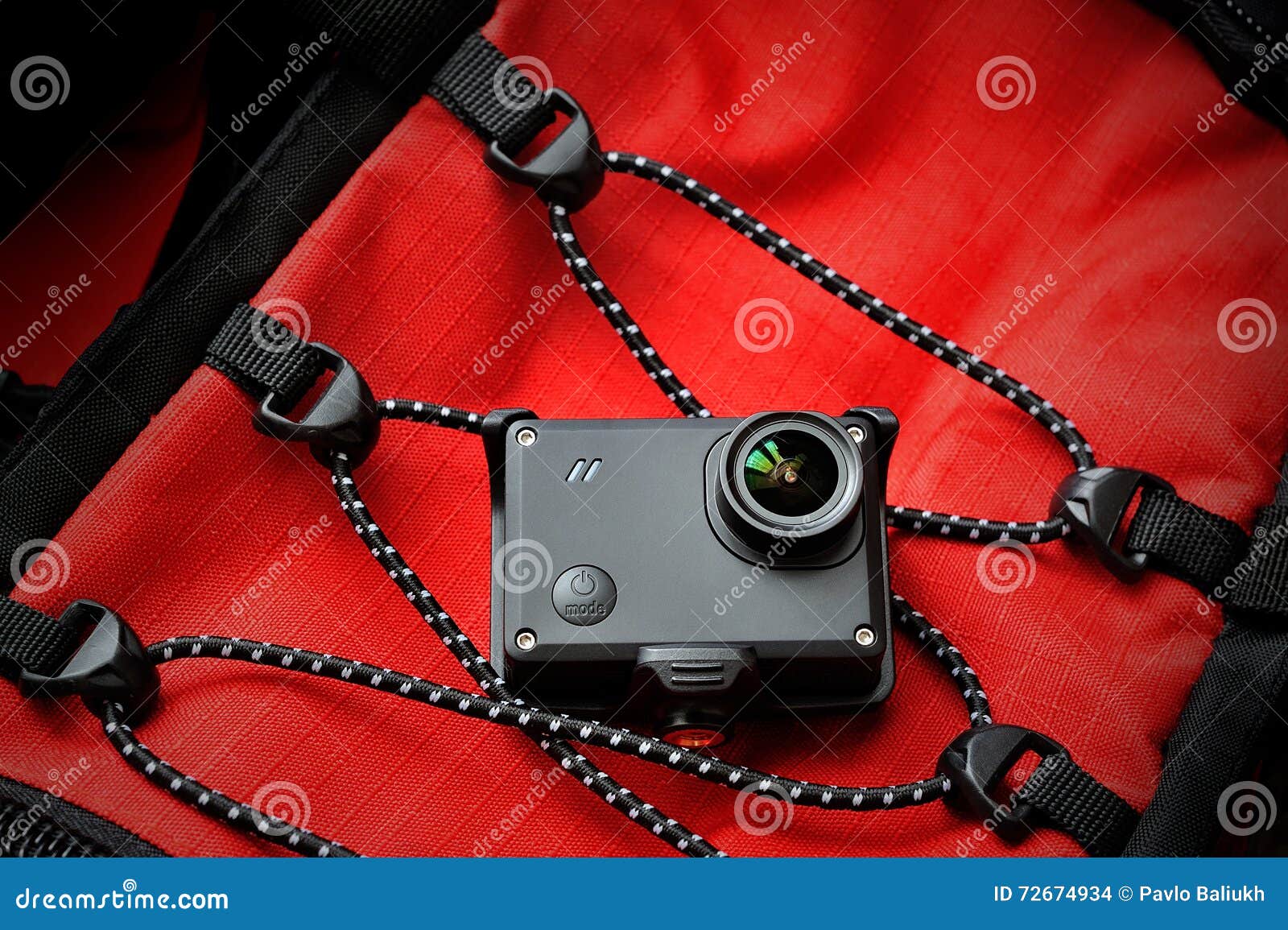 Action Camera with Red Travel Backpack Stock Photo - Image of footage ...
