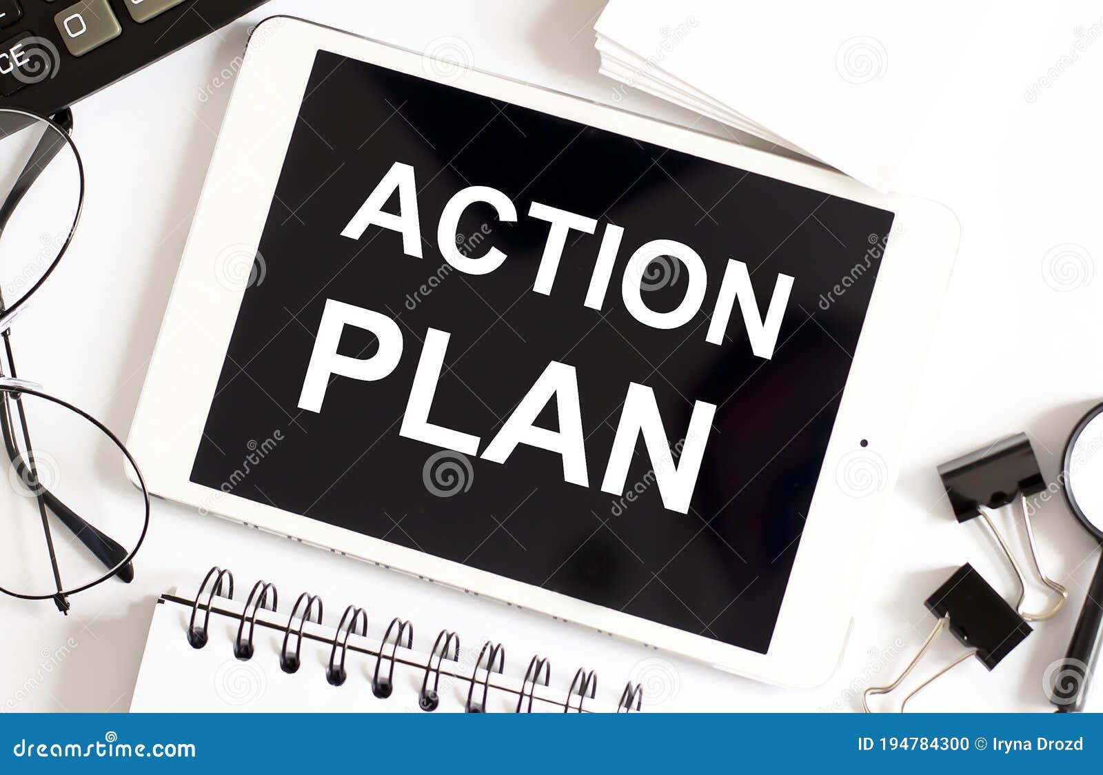ACTION PLAN Business Concept on the White Background with Office Tools ...