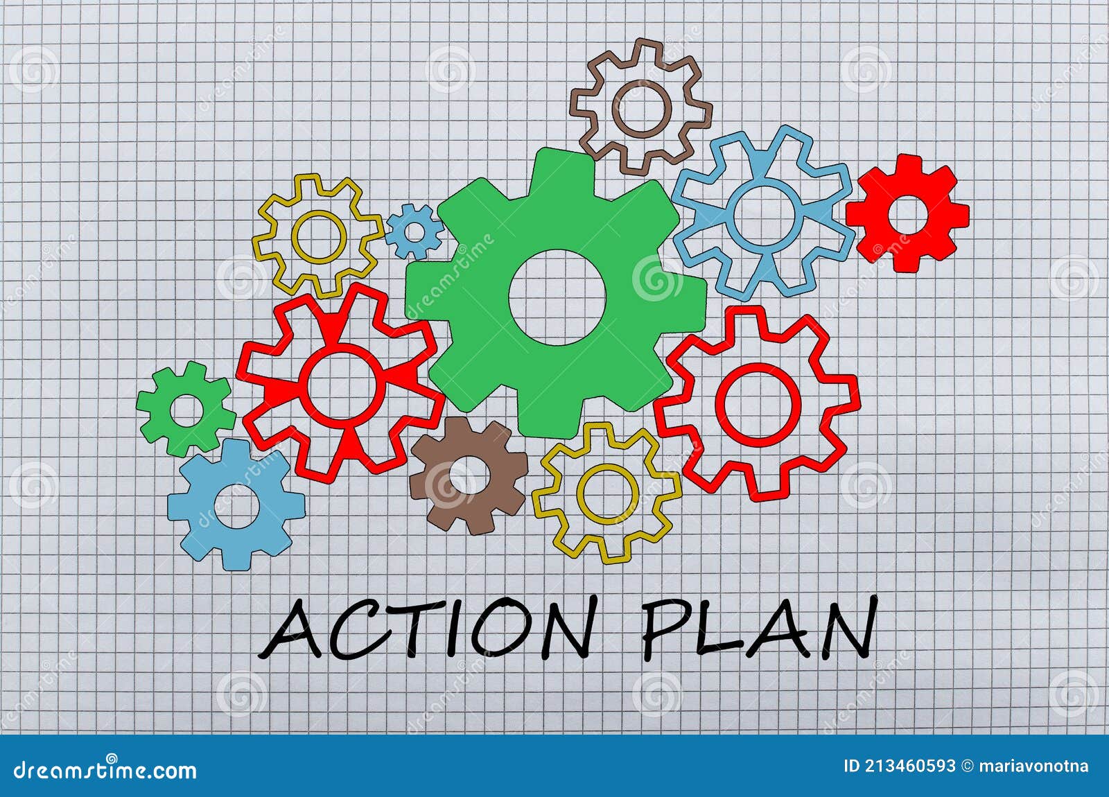 Action Plan Concept. View of Colorful Drawing of Gears in Notepad Made ...