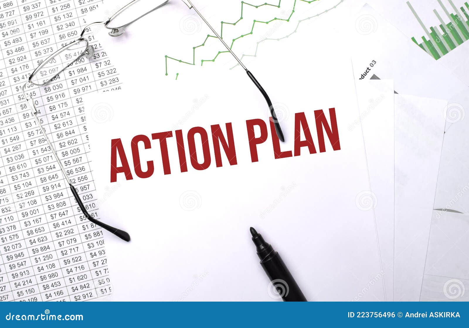 ACTION PLAN . Conceptual Background with Chart ,papers, Pen and Glasses ...