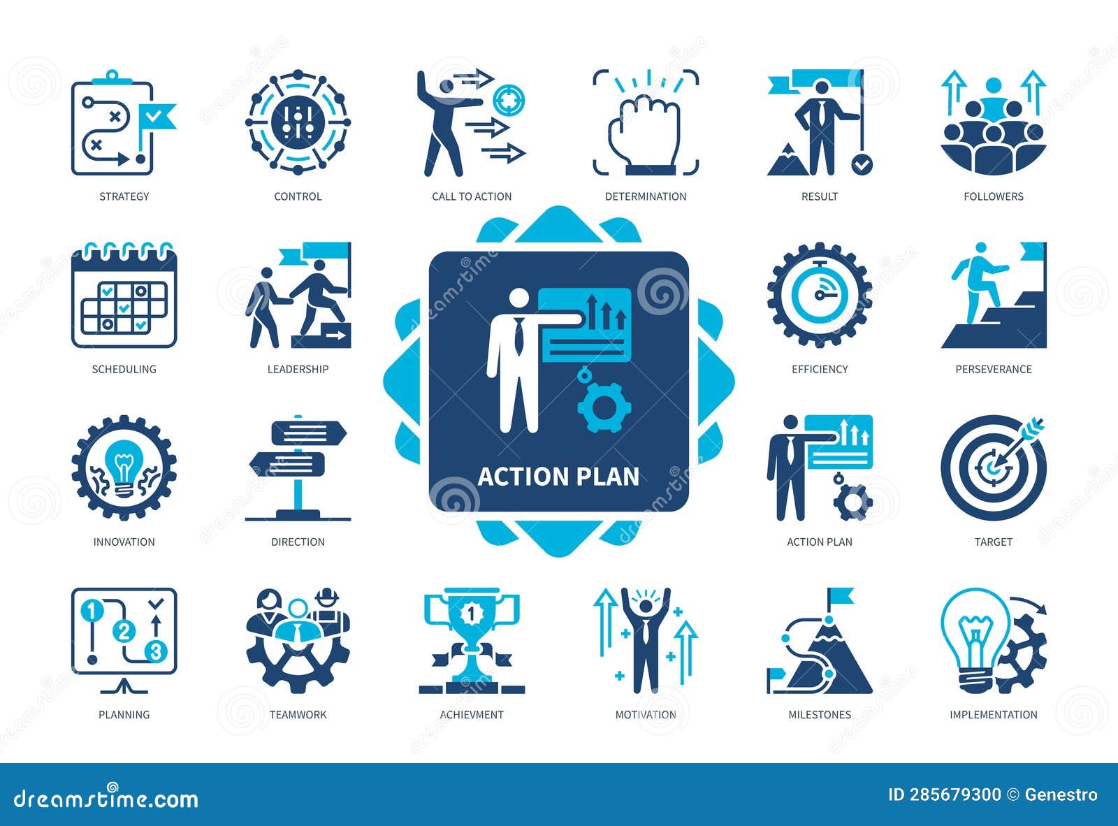 Action Plan solid icon set stock illustration. Illustration of timeline ...