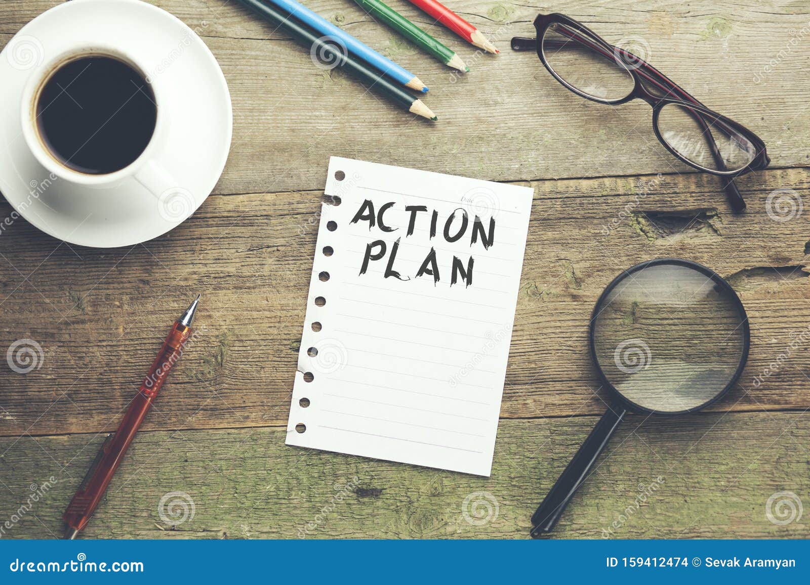 Action plan text on paper stock photo. Image of communication - 159412474