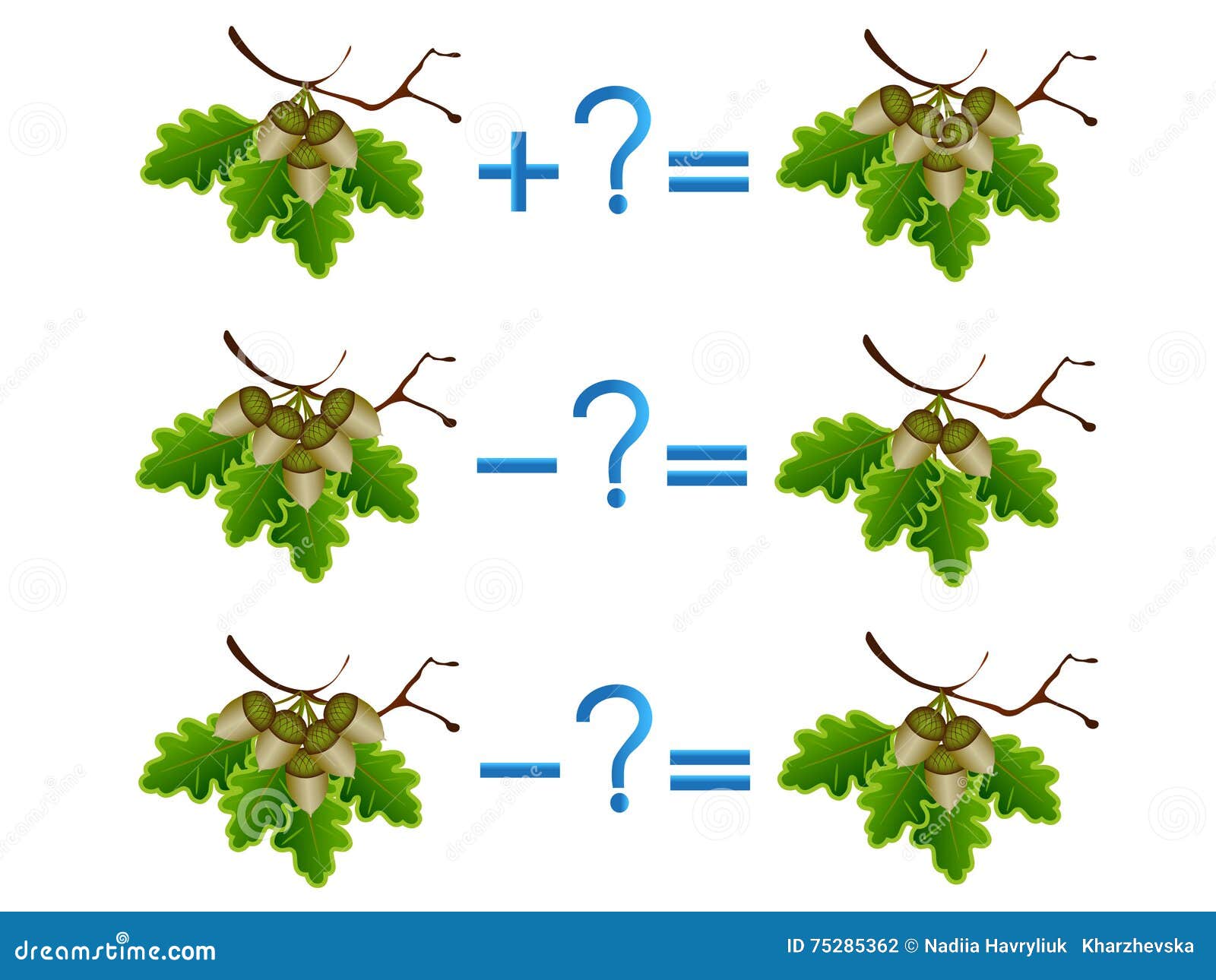 Action Relationship of Addition and Subtraction, Examples with Acorns ...