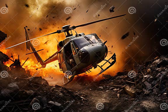 Action Shot With Helicopter Hovering In The Air Over Flame And Explosions Dynamic Scene In