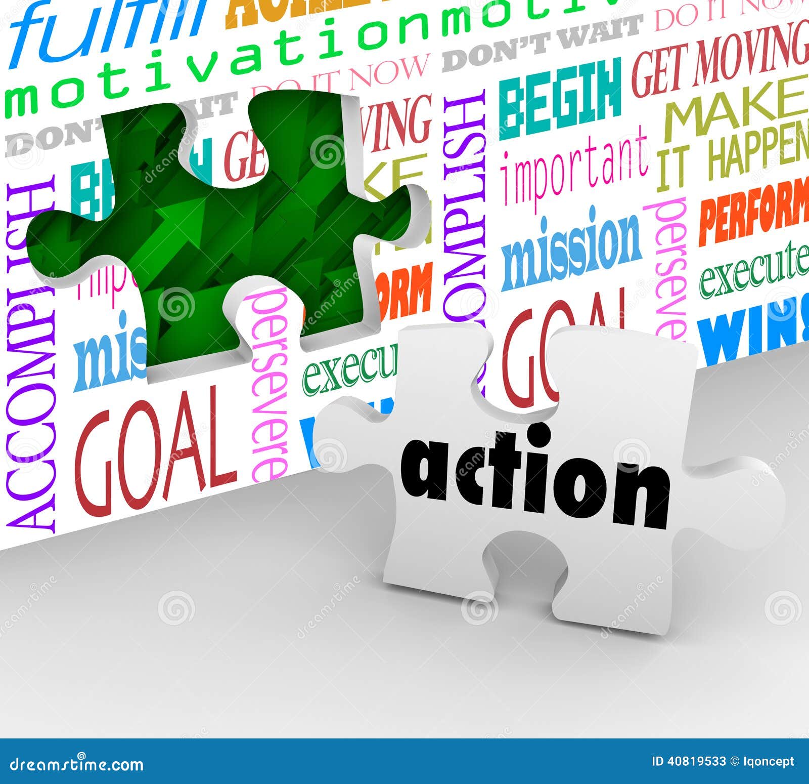 Action Word Puzzle Piece Wall Hole Proactive Ideas Active Success Stock ...
