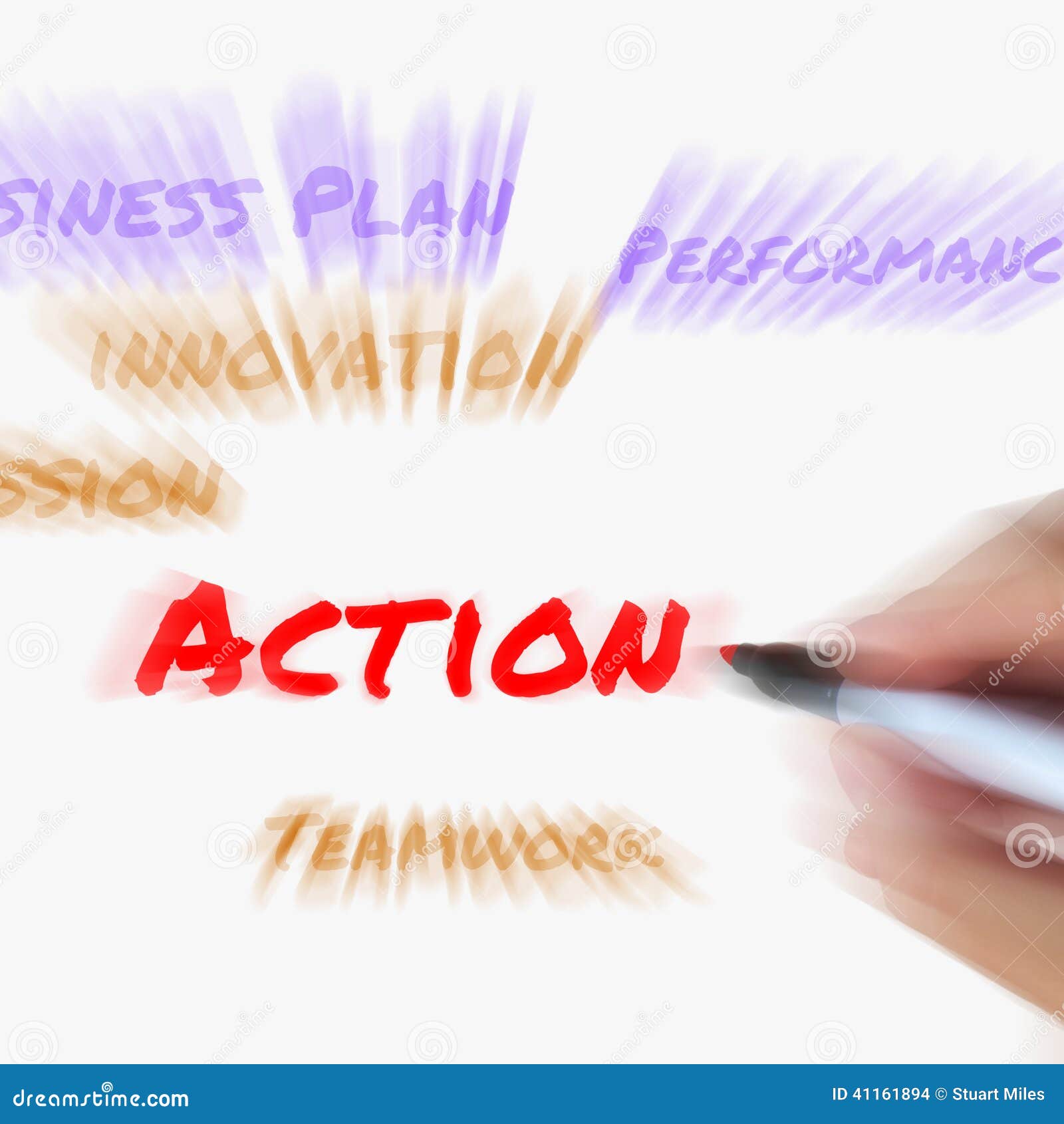 Action Words on Whiteboard Displays Activity Mission and Perform Stock ...