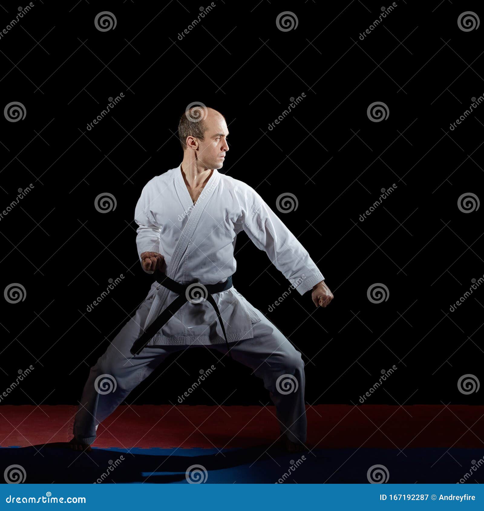 Active Athlete Does Formal Karate Exercises on Red and Blue Tatami ...