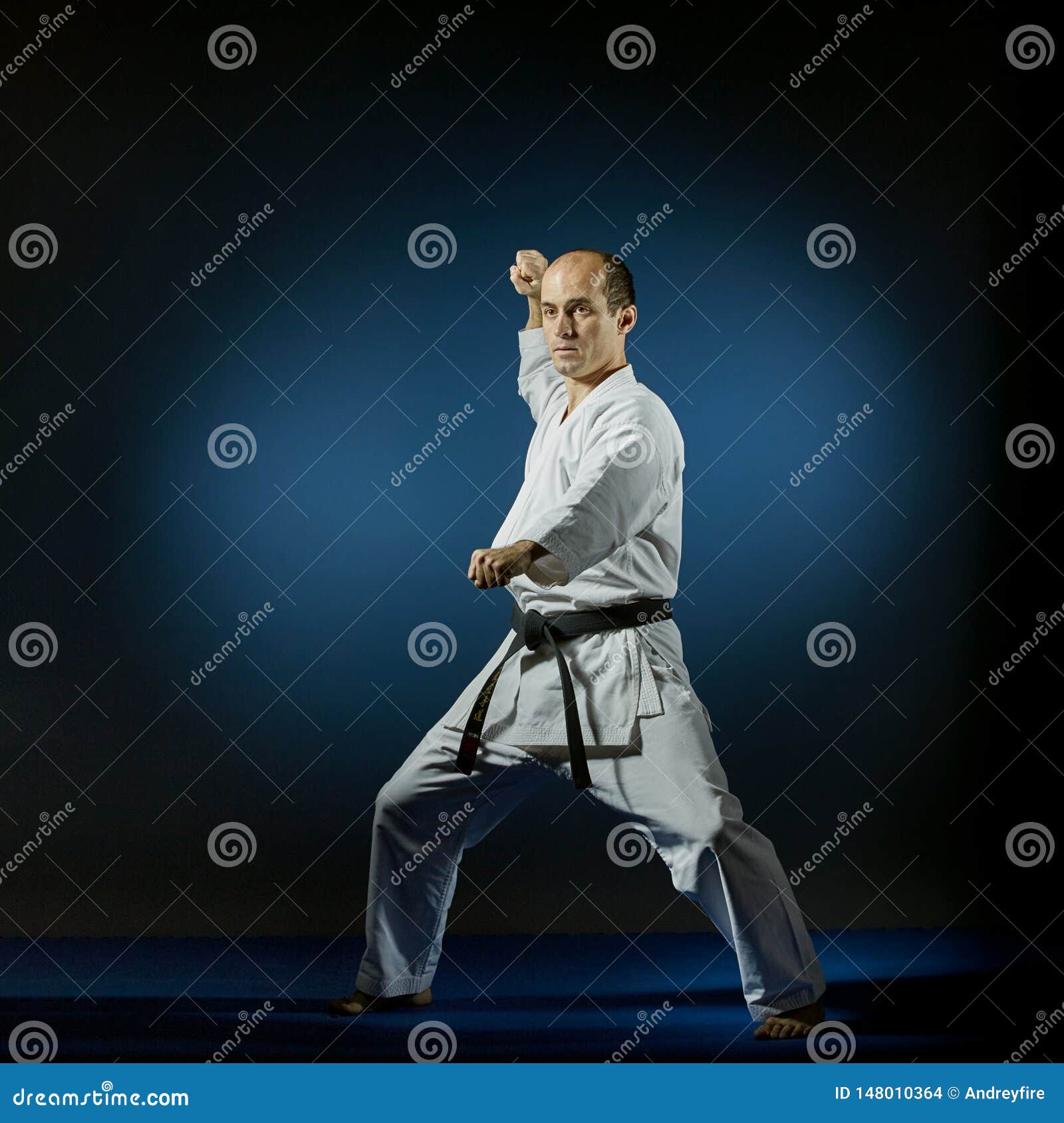 Active Athlete Performs Formal Karate Exercises on a Blue Tatami Stock ...